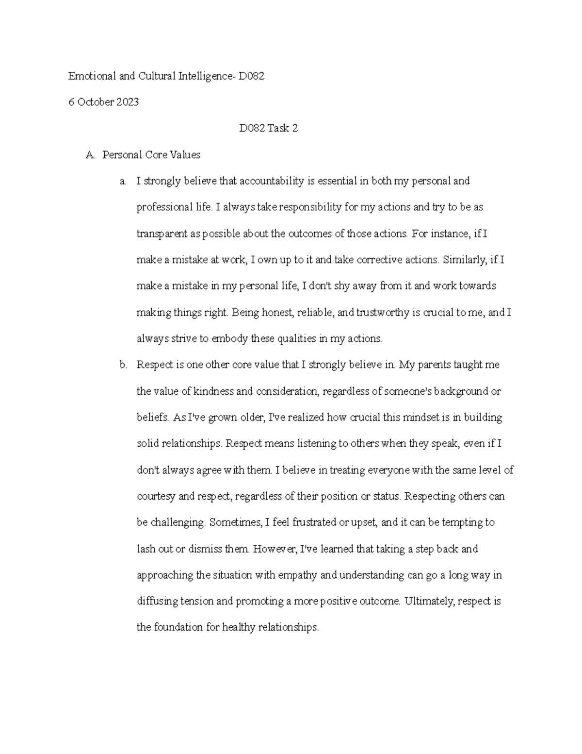 CHM1-TASK 2 - D082 Task 2 - Emotional and Cultural Intelligence- D 6 ...