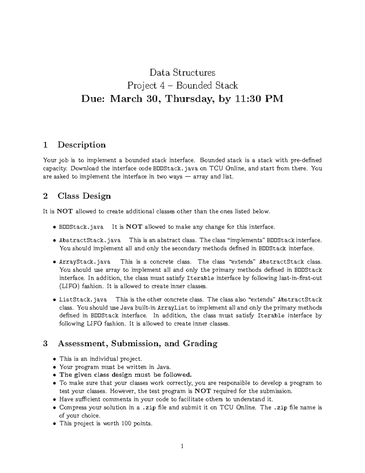 Assignment 4 Data Structures Project 4 Bounded Stack Due March 30 Thursday By 1130 Pm 1 4305