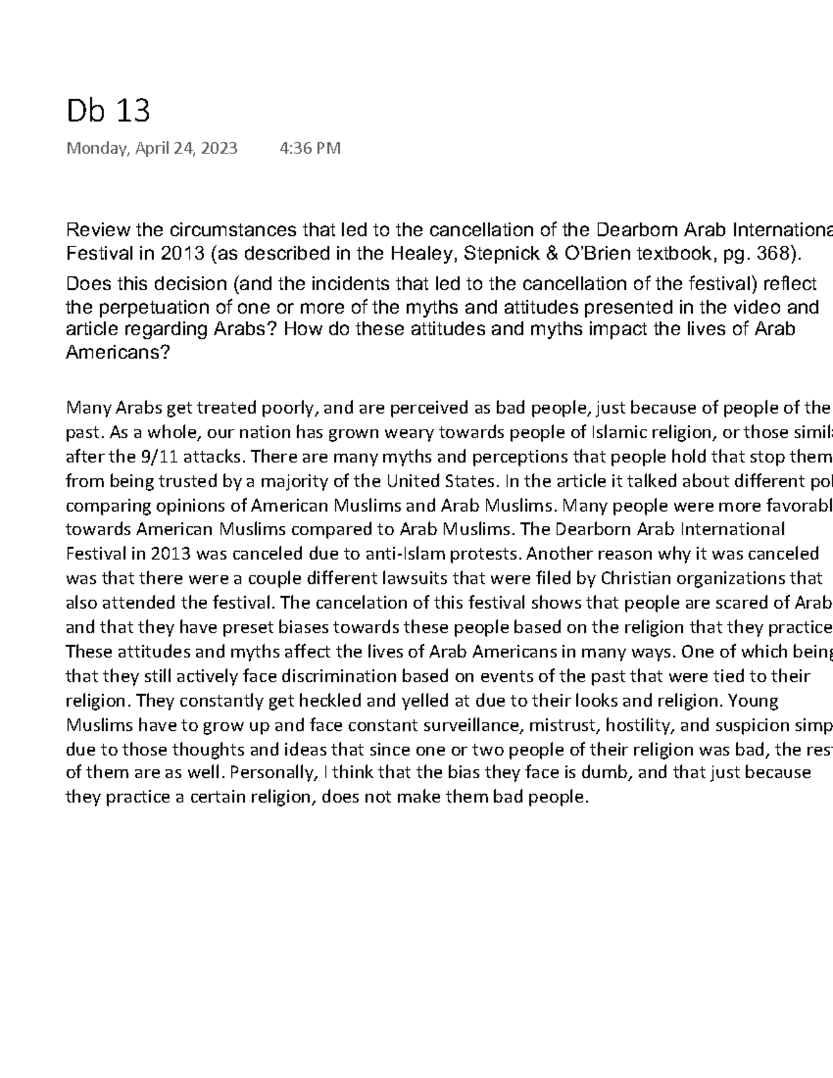 Db 13 - db 13 - Review the circumstances that led to the cancellation of the Dearborn Arab - Studocu