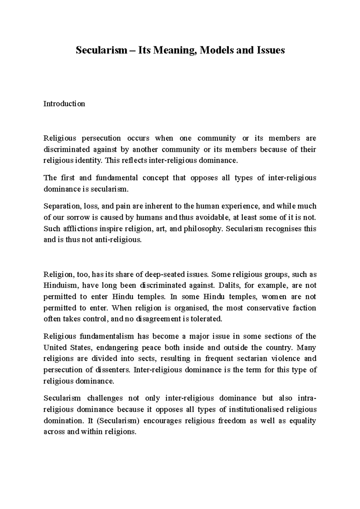 Secularism – Its Meaning, Models and Issues - This reflects inter ...