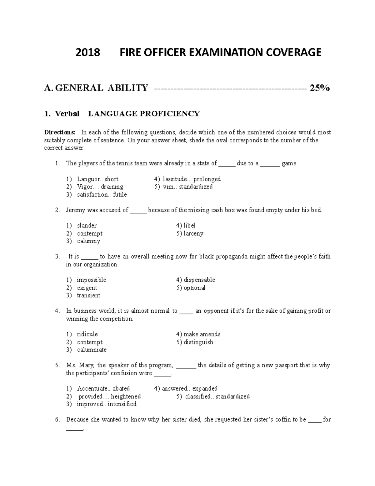 2018 FOE Coverage - 2018 FIRE OFFICER EXAMINATION COVERAGE A. GENERAL ...