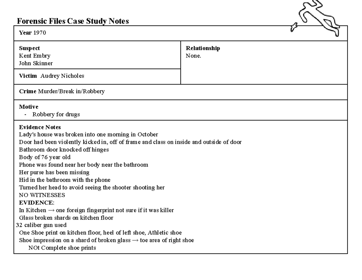 Forensic Files Case Study Notes - Victim Audrey Nicholes Crime Murder ...