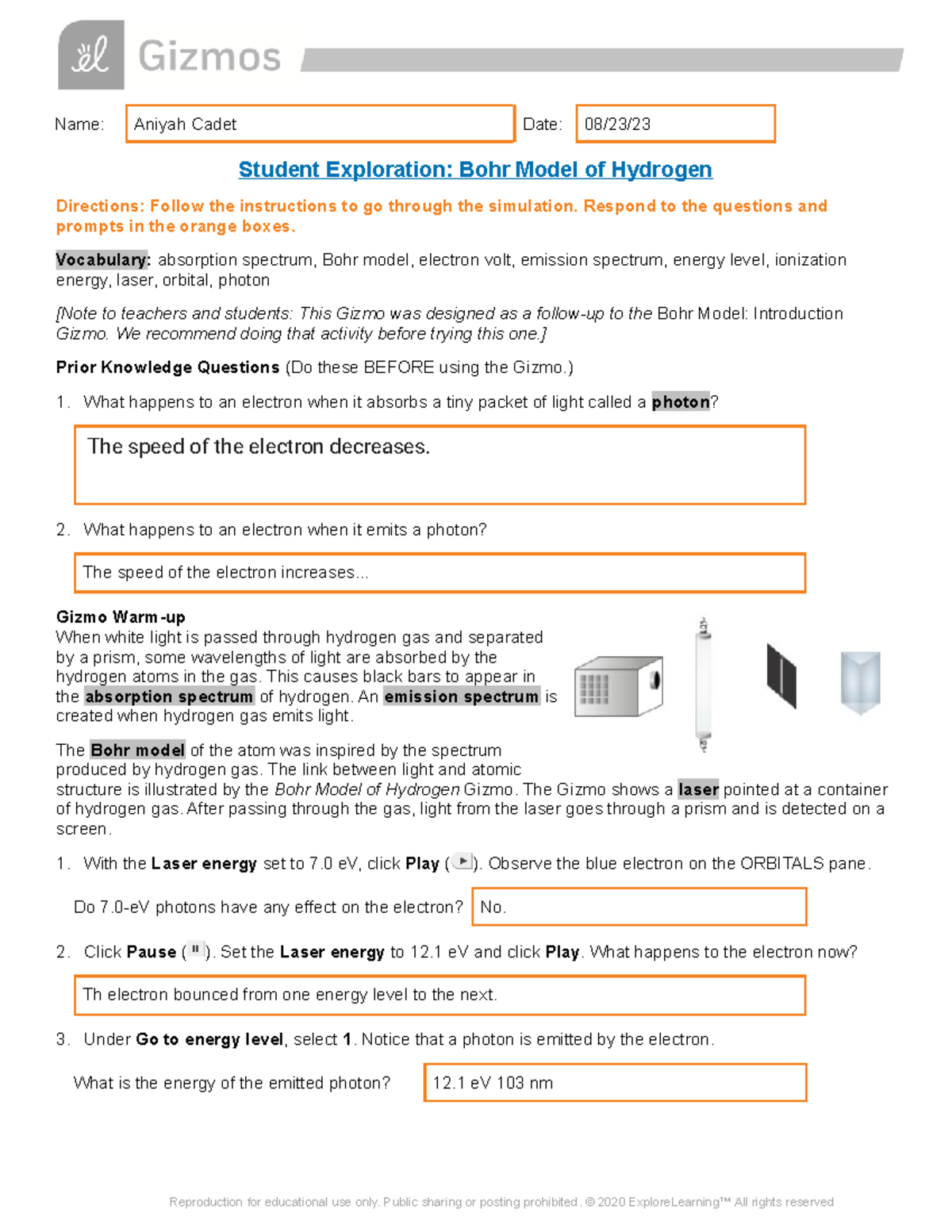Bohr Model Hydrogen SE - Name: Aniyah Cadet Date: 08/23/ Student ...