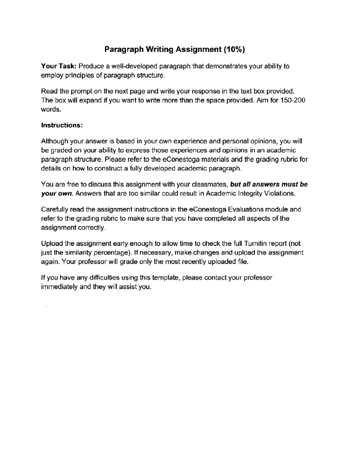 Paragraph writing assignment - 2 As the head of an Ontario college, I ...