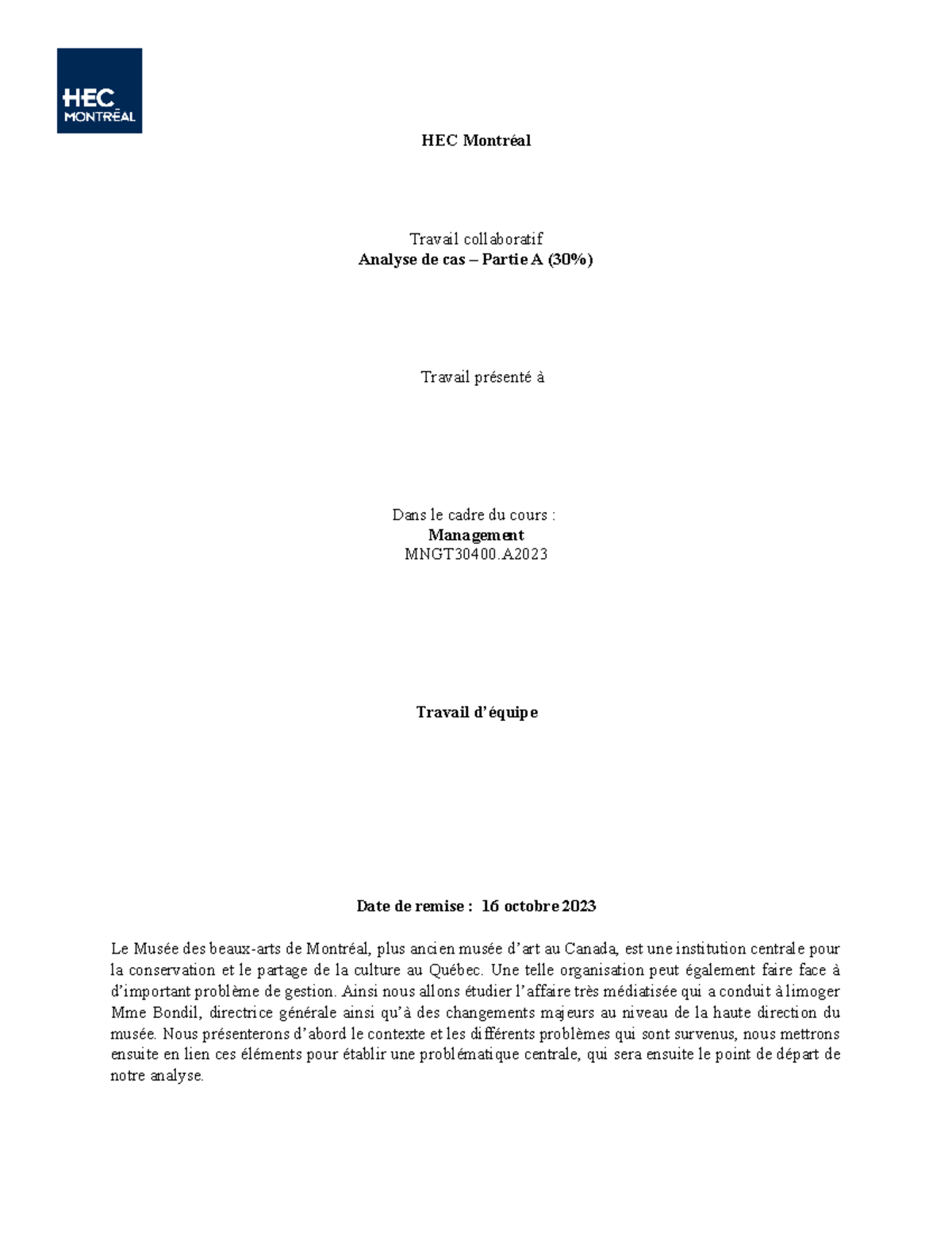 Partie 1 corrigé - HEC Montréal Travail collaboratif Analyse de cas ...