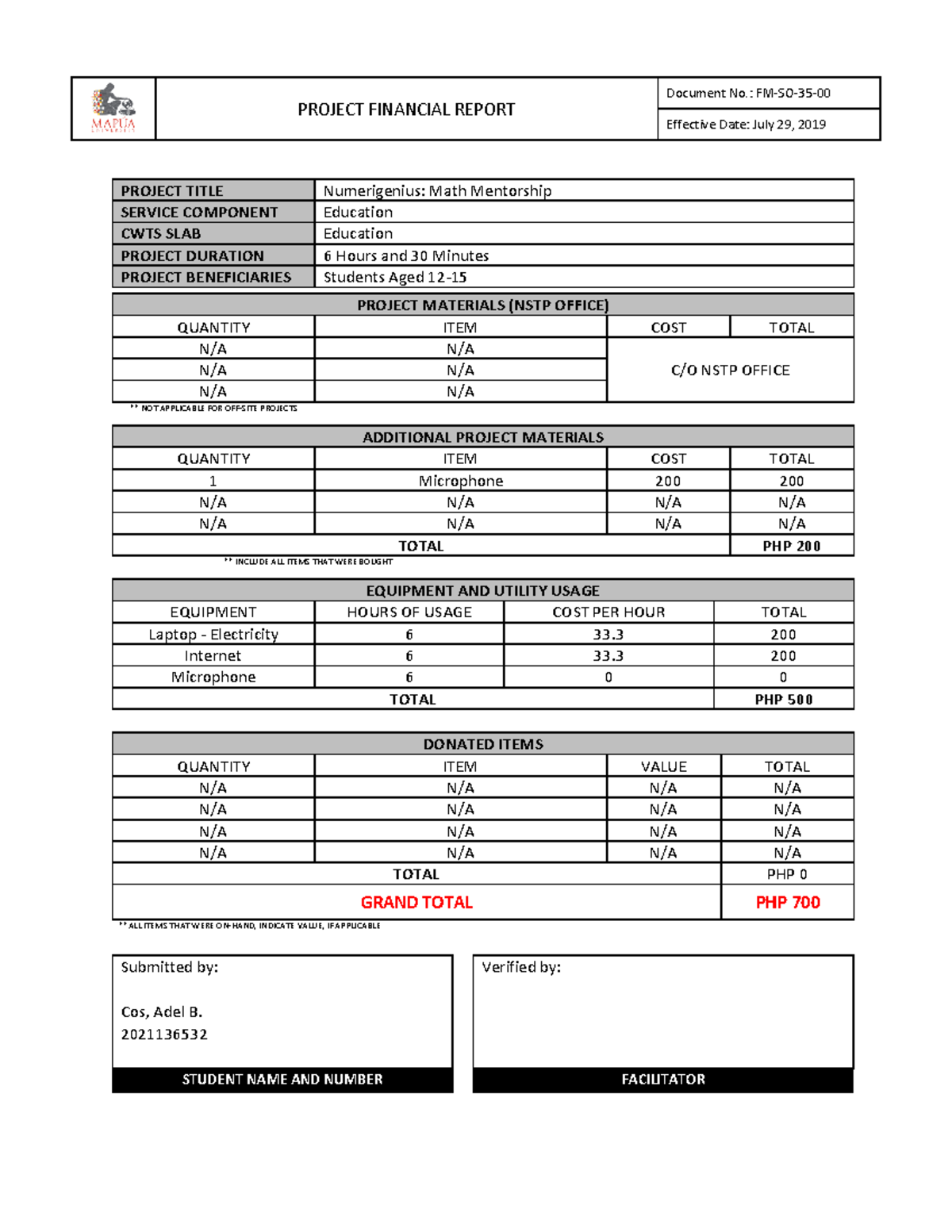 Cos AB-CWTS102-A4-PFR - PROJECT FINANCIAL REPORT Document No.: FM-SO ...