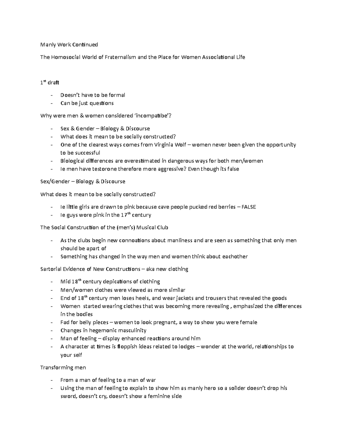 HIST 3P93 Week 6 Lecture Note - Manly Work Continued The Homosocial ...