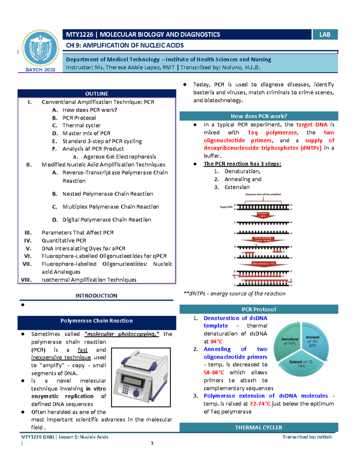 MTY1226-CH 9 Amplification OF Nucleic Acids LAB (Molecular Biology ...