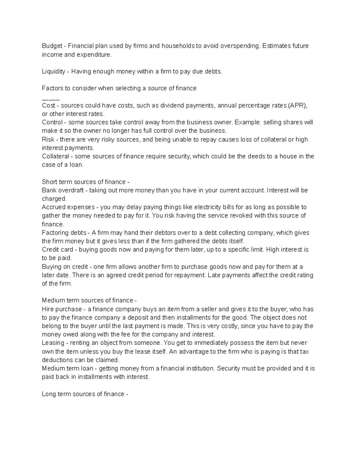 Unit 4 Business Notes - Budget - Financial plan used by firms and ...