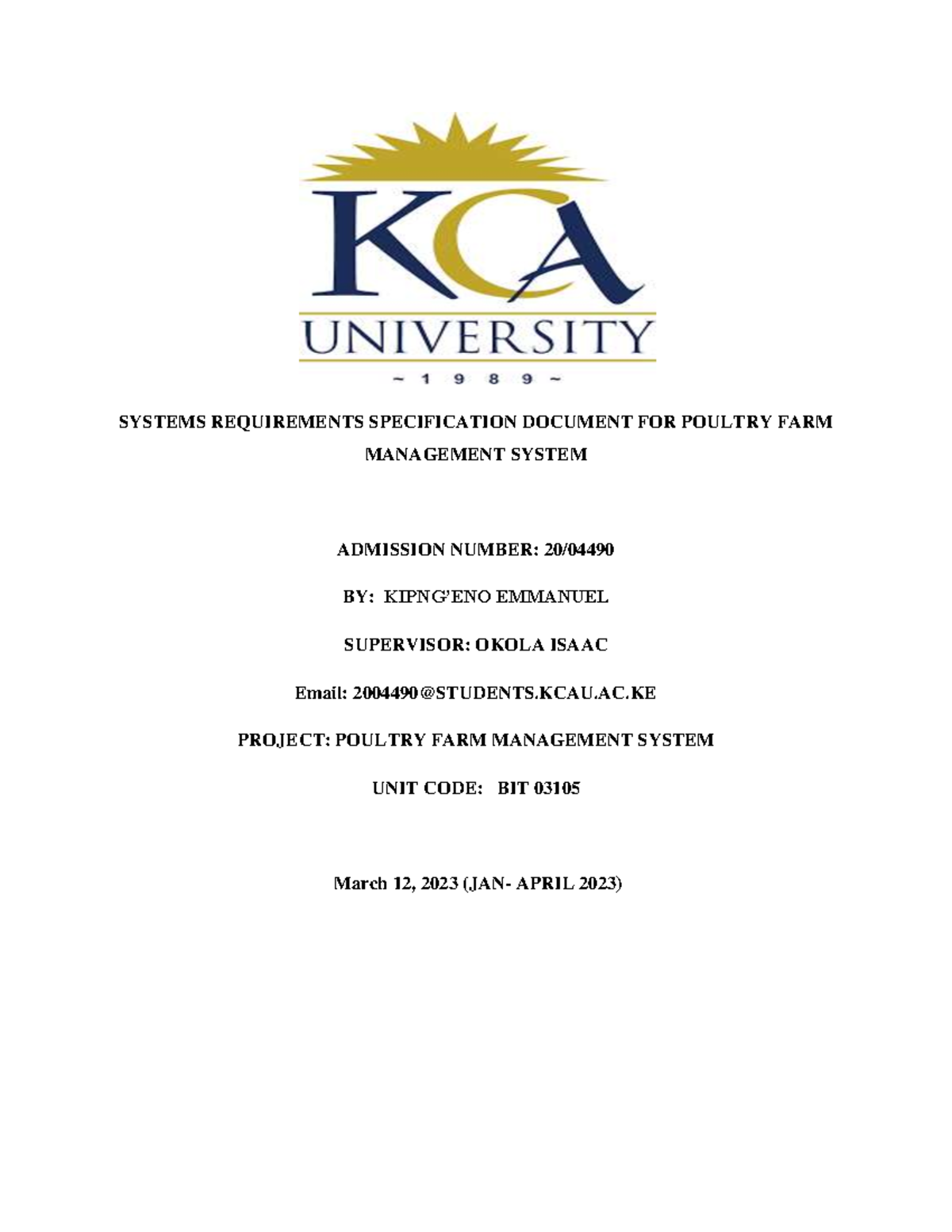 SRS for Poultry farm management system - SYSTEMS REQUIREMENTS ...