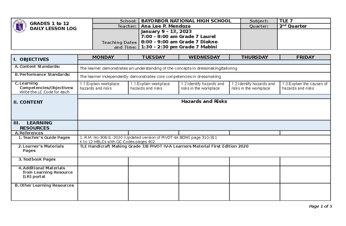 Template-DLL- Weekly - notes - GRADES 1 to 12 DAILY LESSON LOG School ...