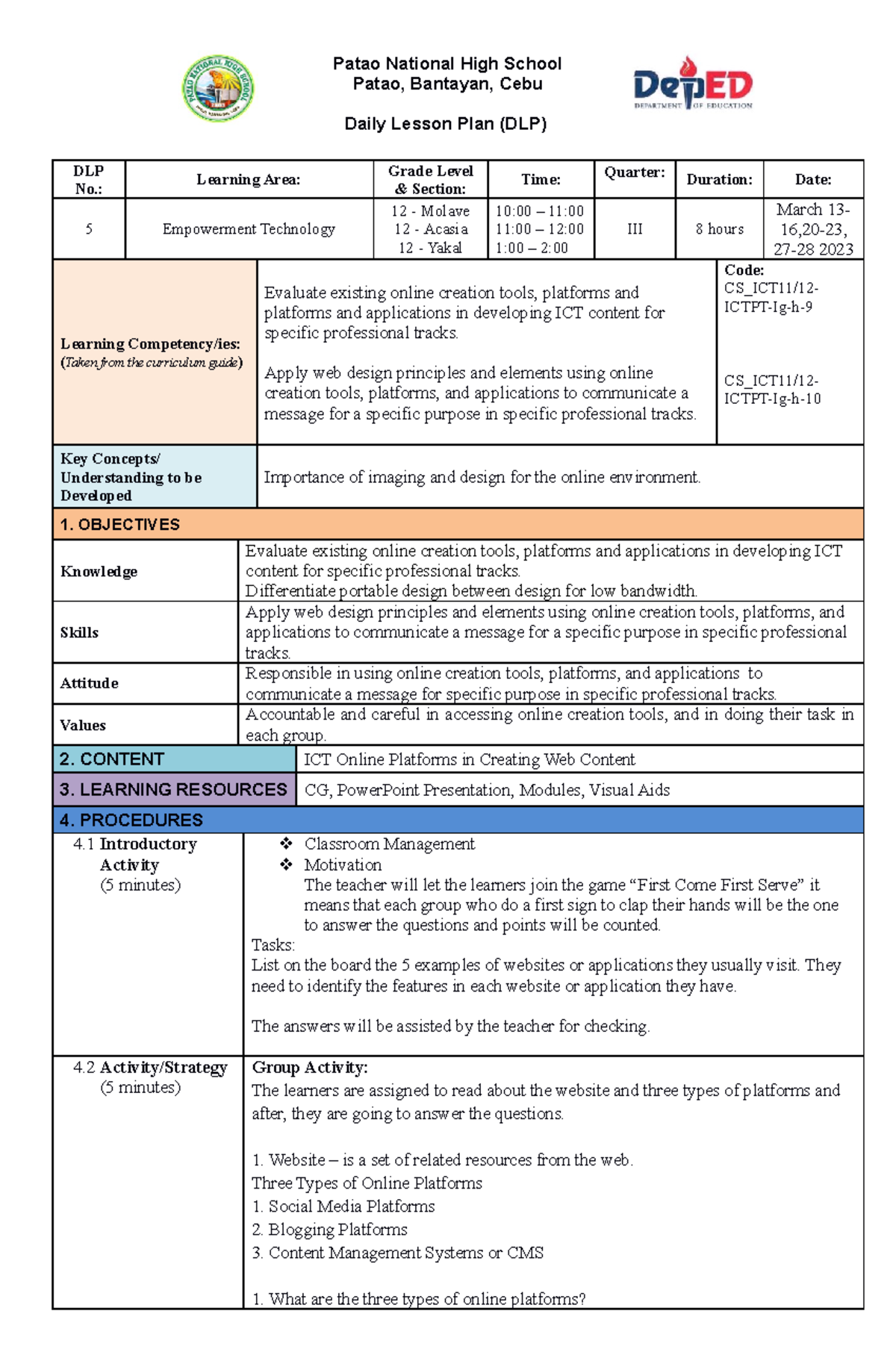L5 Empowerment DLP - Lesson Plan - Patao National High School Patao ...