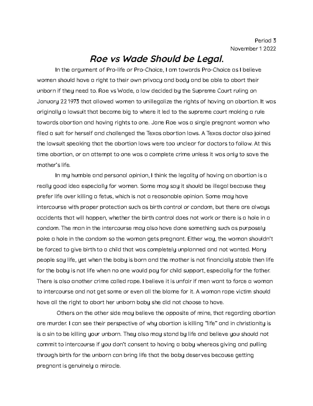 S138-Aeris Janelle Isla - ROE vs WADE essay - Period 3 November 1 2022 ...