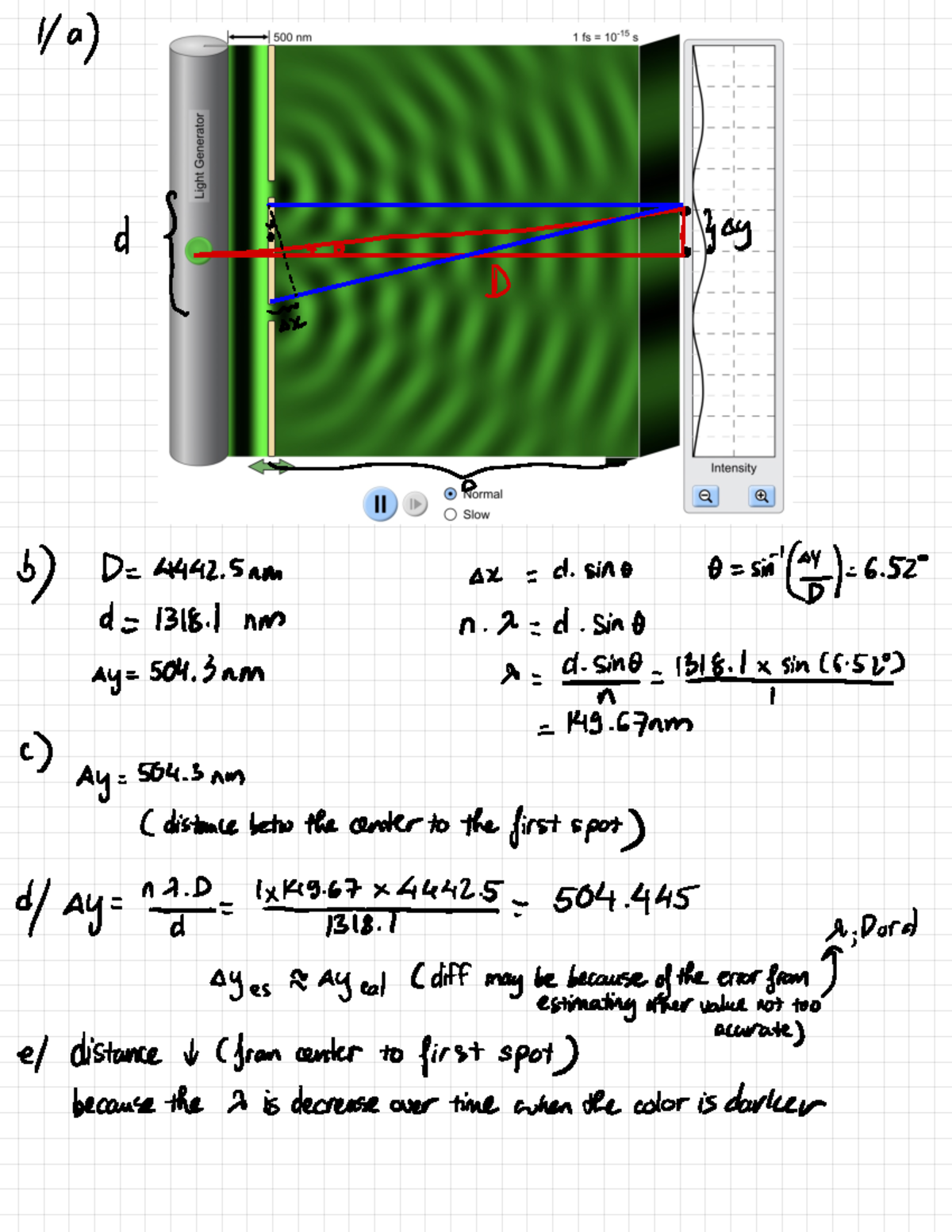 7C FNT5 - 11111 - (a) d) & 8 by no ai D b) D = 4442 x = d. sint 0 = sin ...