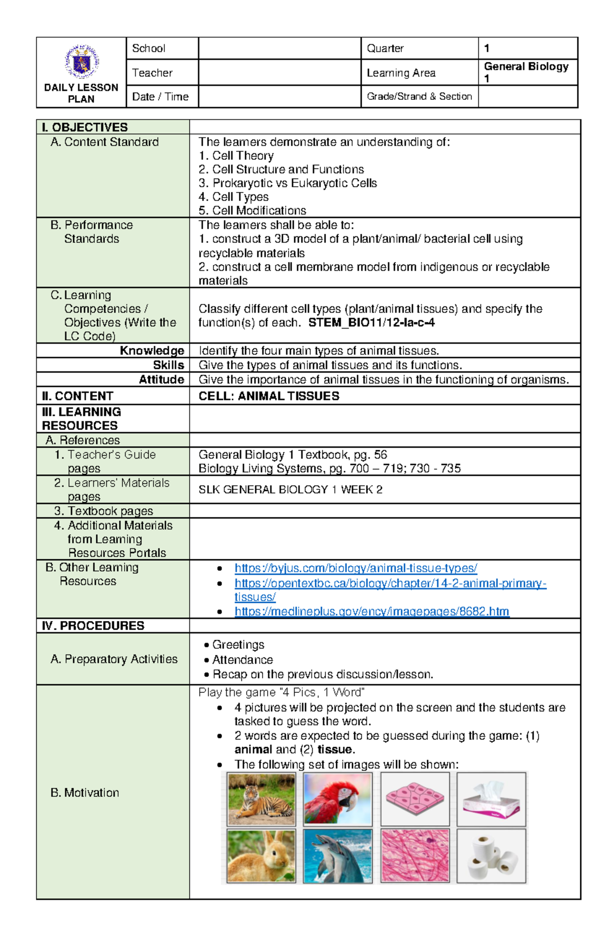 Animal tissue DLP - A semi-detailed lesson plan for Ed students. - I ...