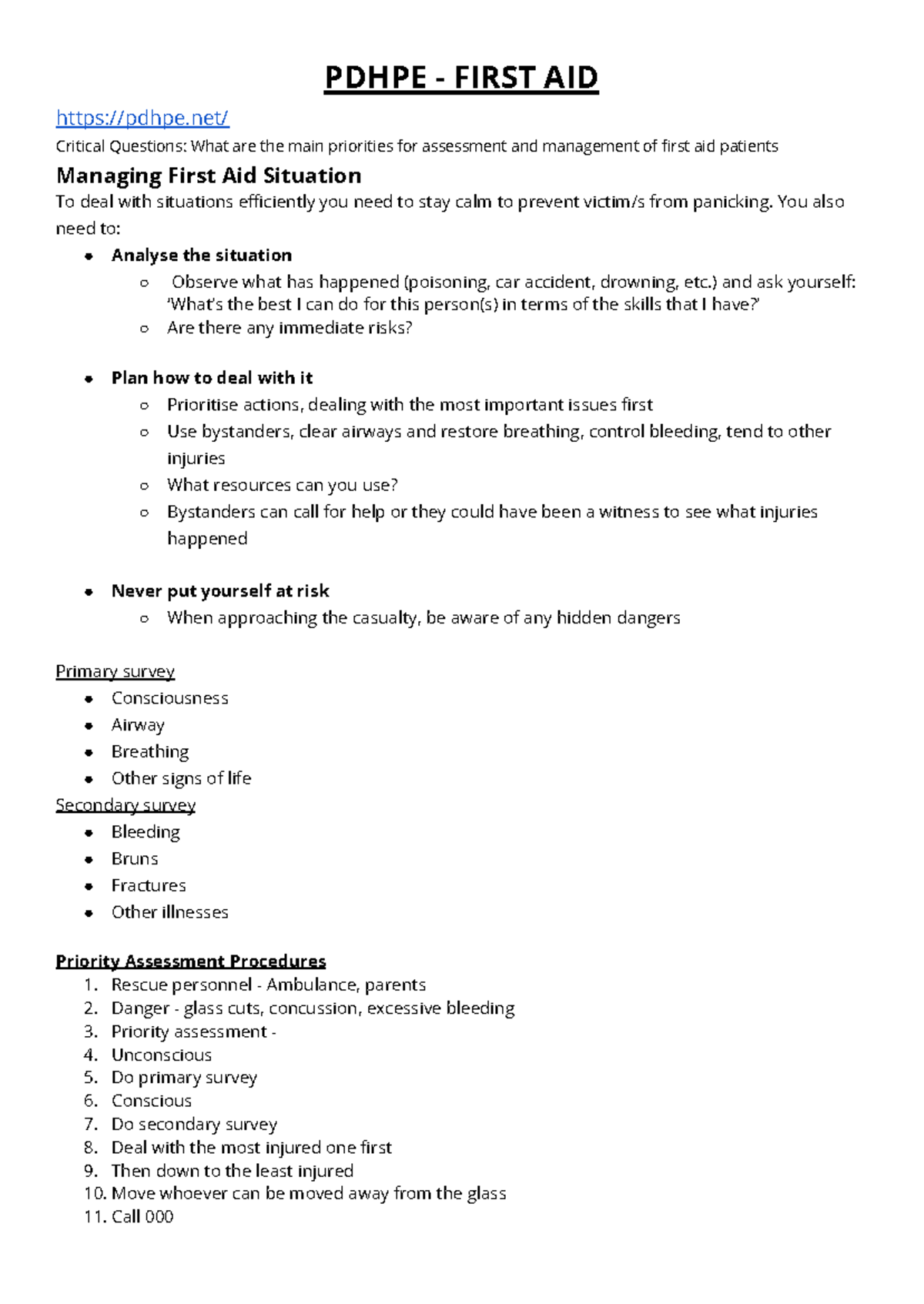 Pdhpe - First AID - PDHPE - FIRST AID pdhpe/ Critical Questions: What ...