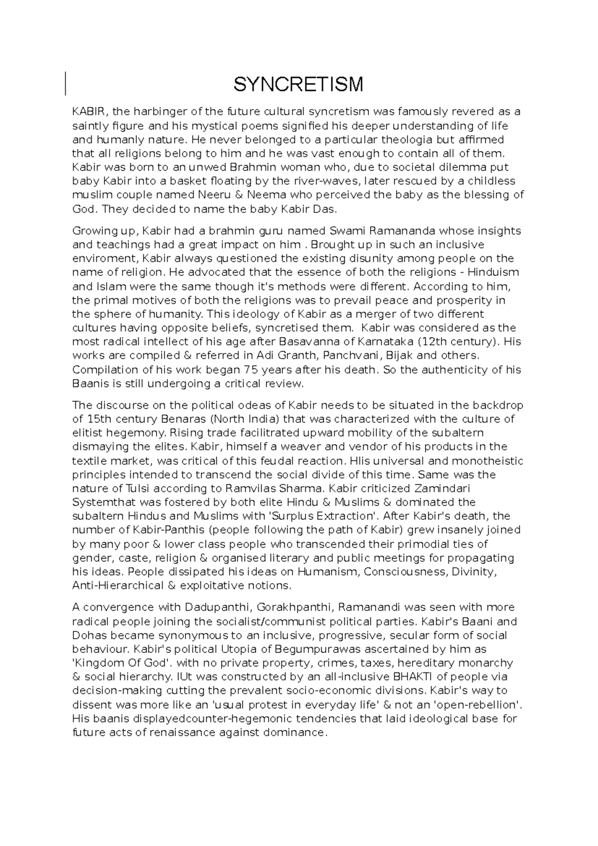 Kabir's Syncretism - SYNCRETISM KABIR, the harbinger of the future ...