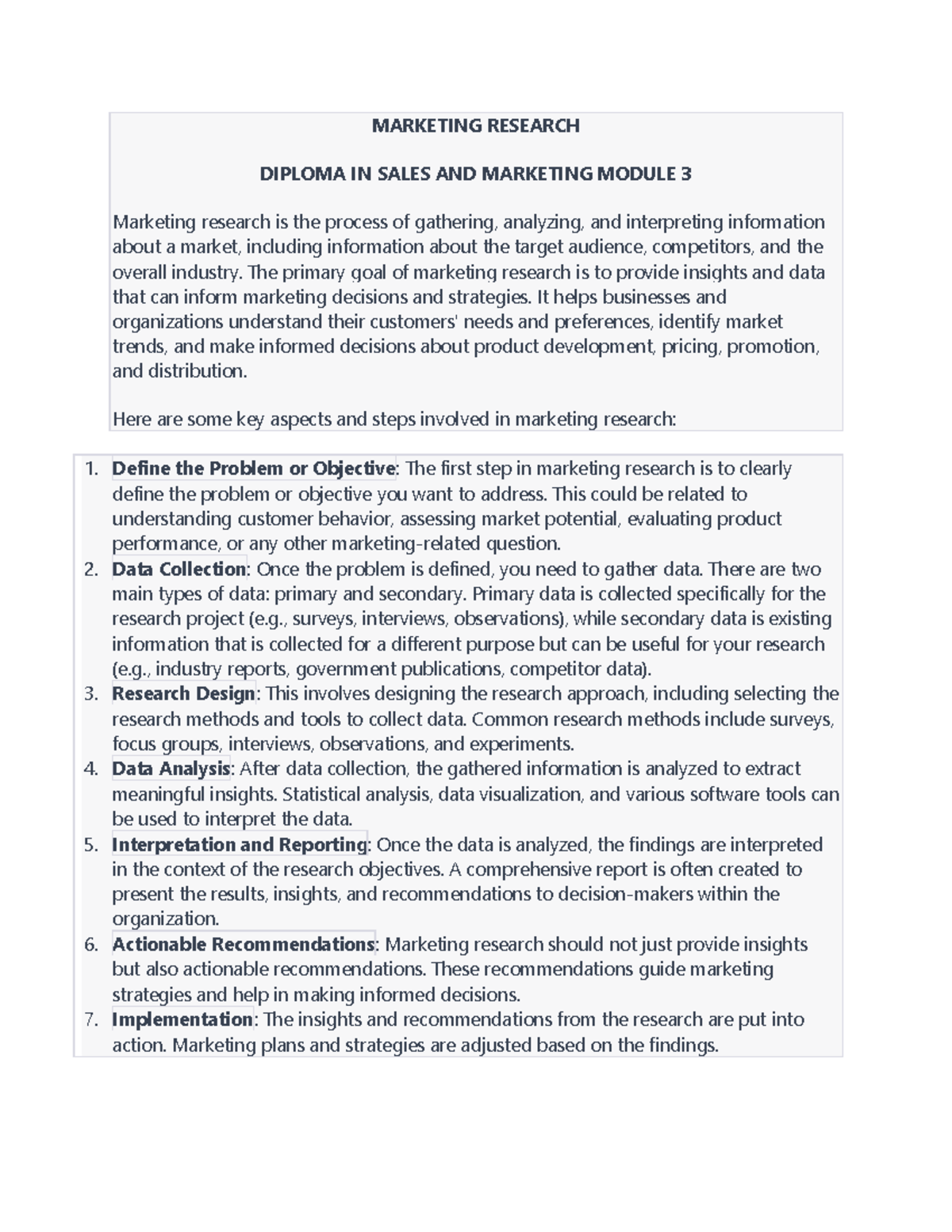 Markting Research DIP 3 - MARKETING RESEARCH DIPLOMA IN SALES AND ...