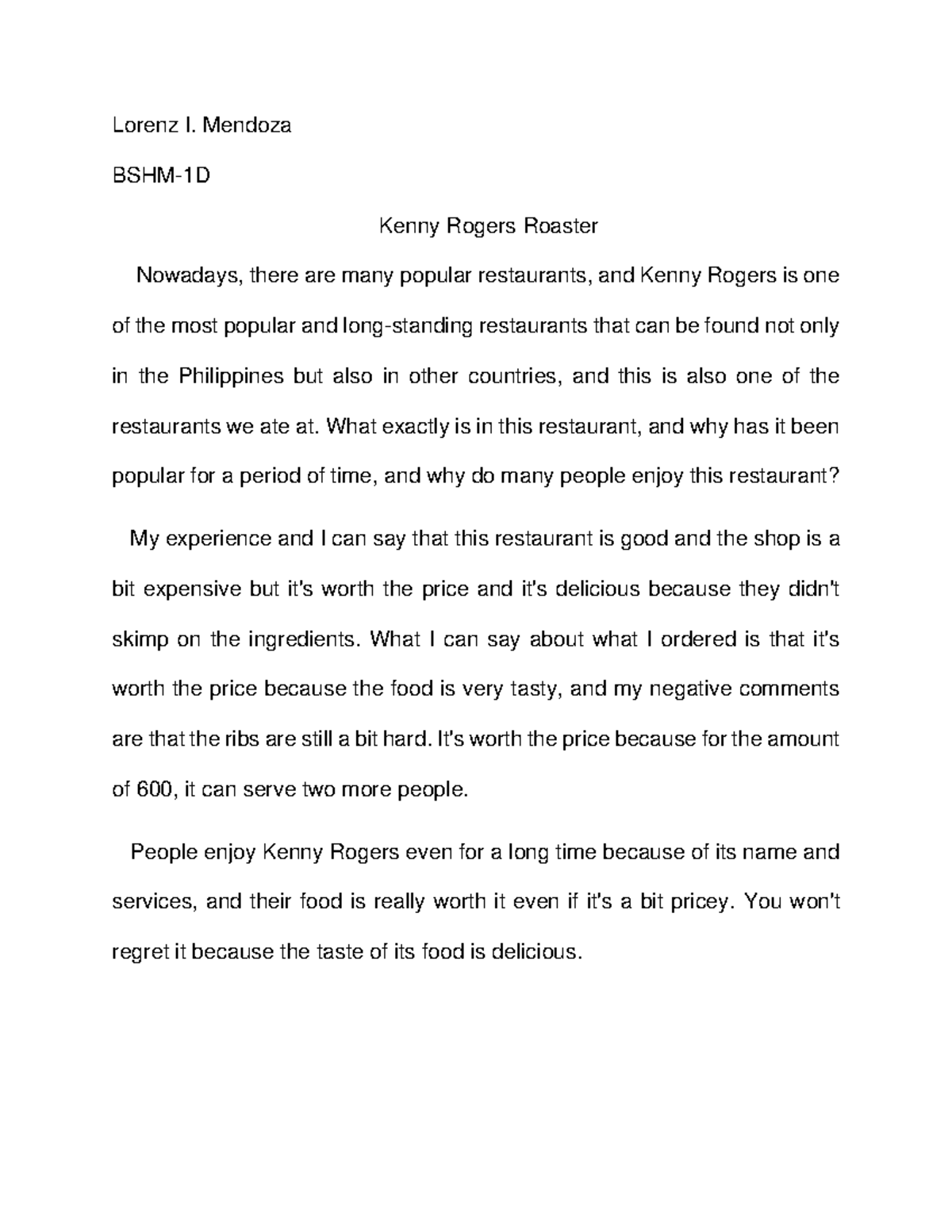 Essay FOR Macro - hahak - Lorenz I. Mendoza BSHM-1D Kenny Rogers ...