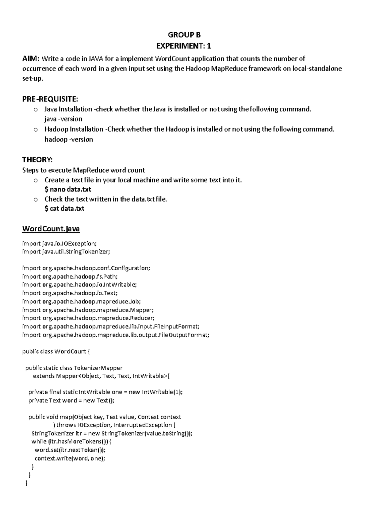 Dsbda Grp B Print - practicals - GROUP B EXPERIMENT: 1 AIM: Write a code in JAVA for a implement ...