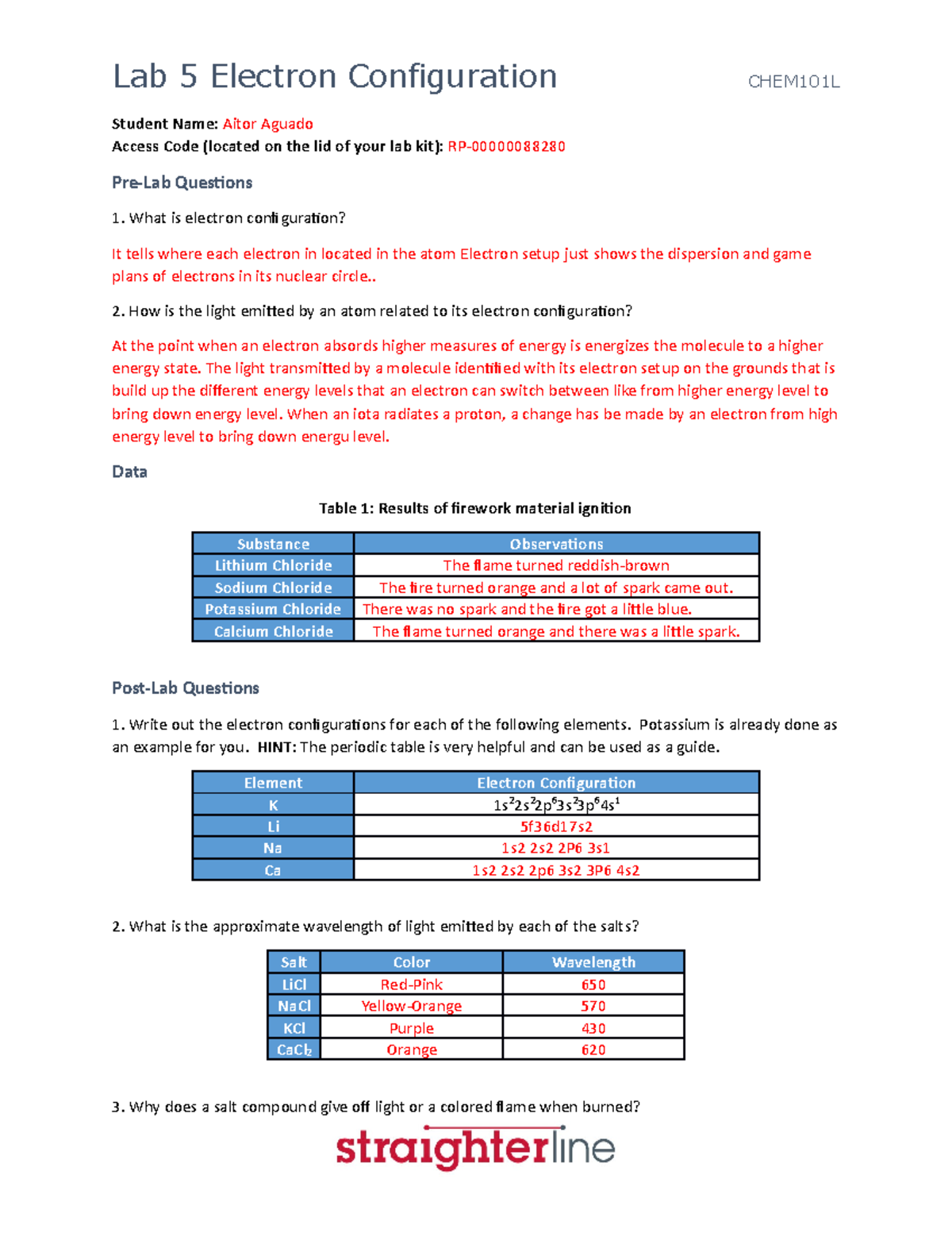 CHEM 101 L Lab assignment 5 - Lab 5 Electron Configuration CHEM101L ...