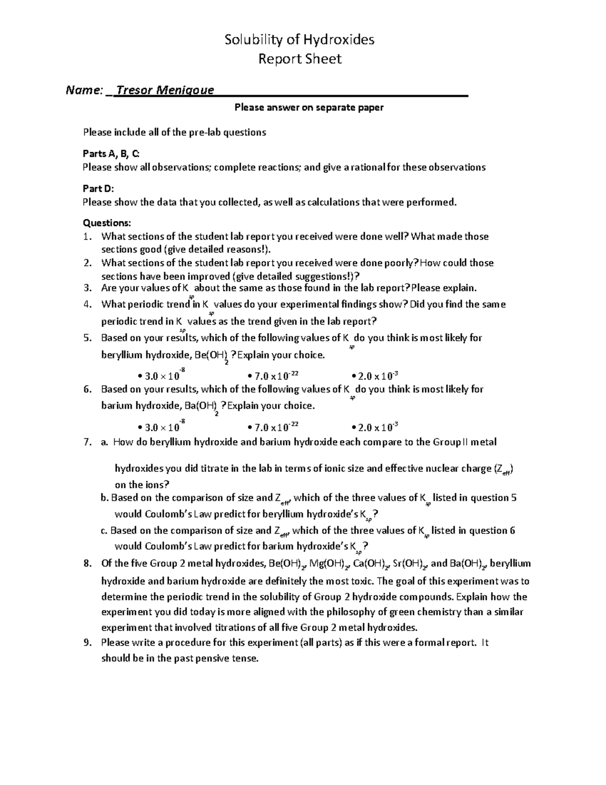 Solubility of Hydroxides Lab Report - Solubility of Hydroxides Report ...