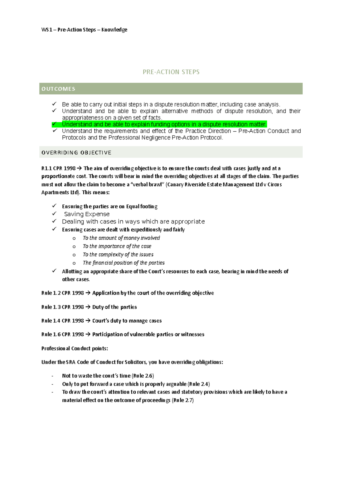 DR1 Pre Action Steps Cons - PRE-ACTION STEPS OUTCOMES ü Be able to ...