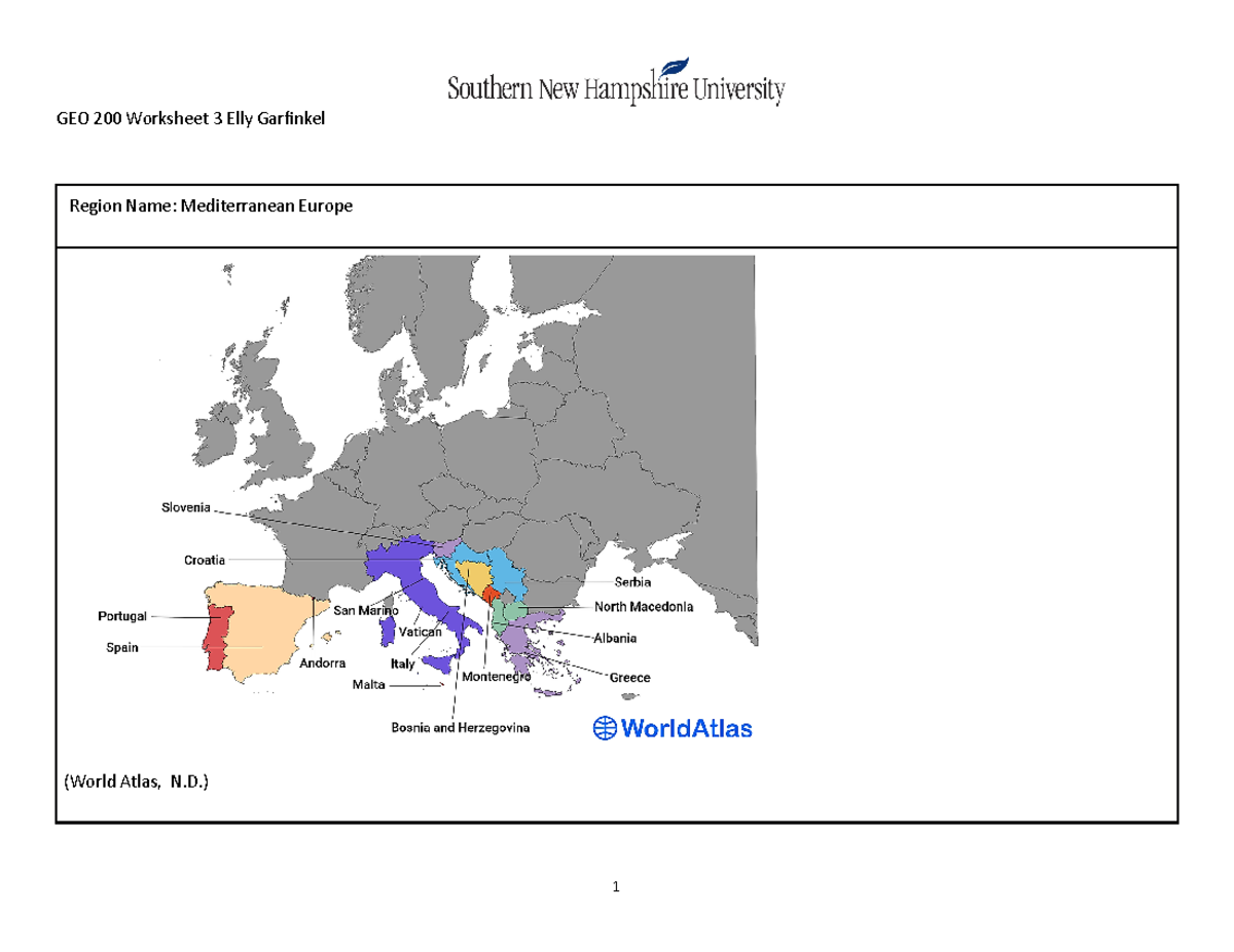 Module 3 assignment - GEO 200 Worksheet 3 Elly Garfinkel Region Name ...