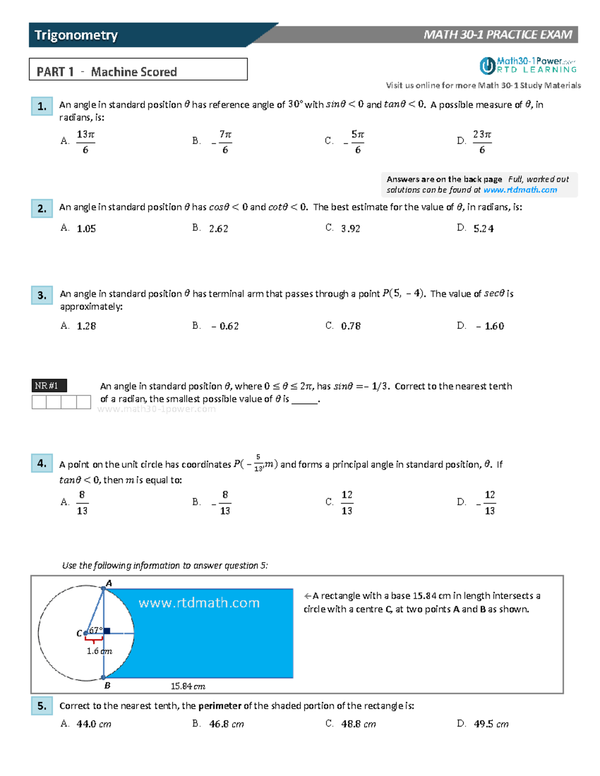 MAth 30-1 RTD Trigonometry Practice Exam - An angle in standard ...