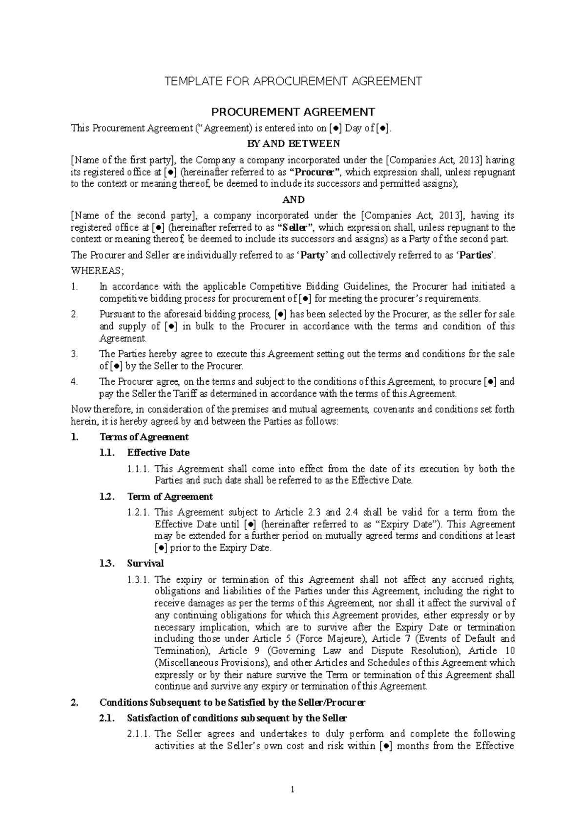 Ch02 template-for-a-procurement-agreement - TEMPLATE FOR APROCUREMENT ...