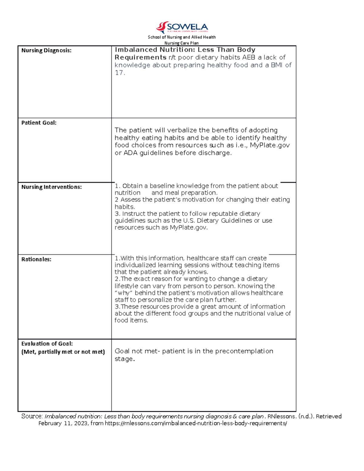 Care plan pt 3118 sacral fx - School of Nursing and Allied Health ...