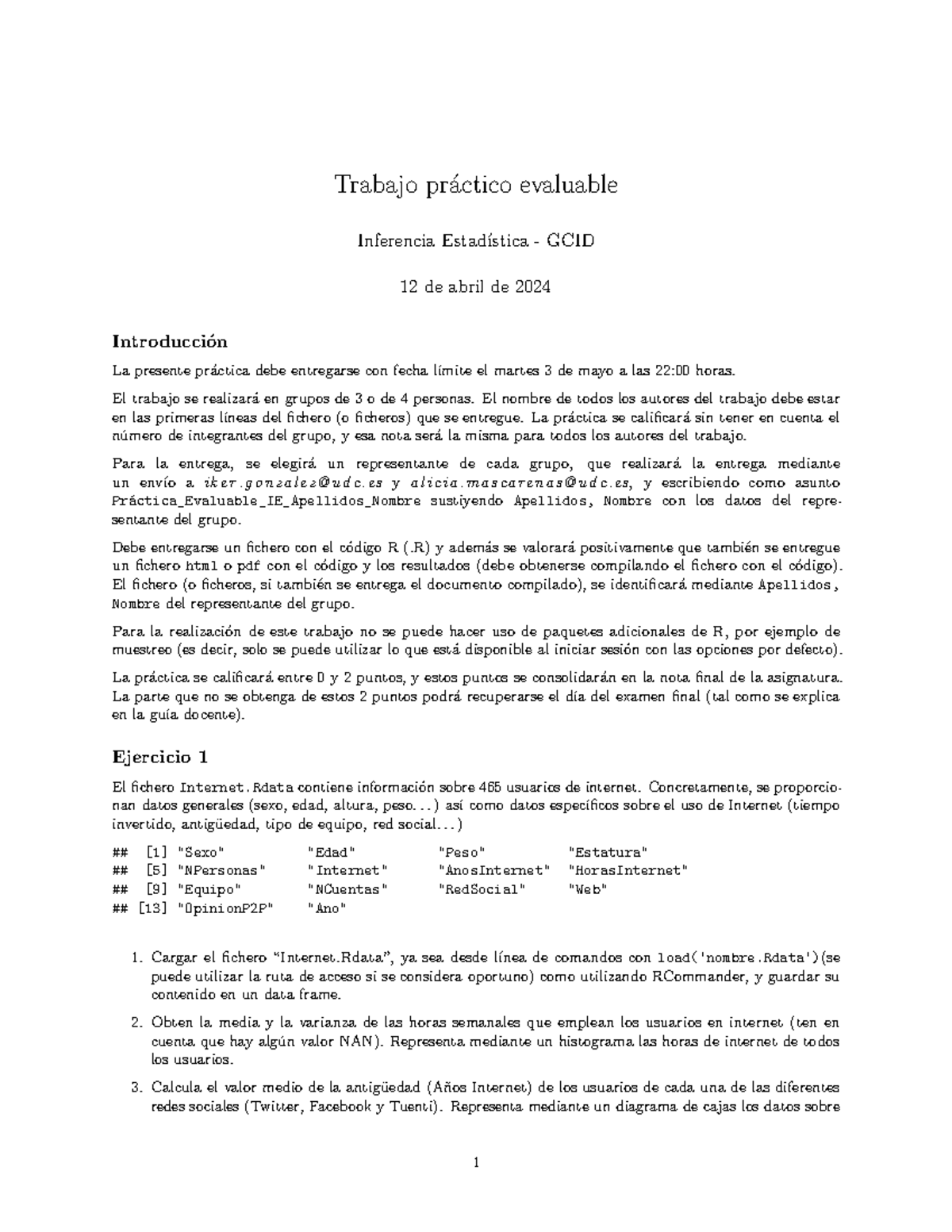 Practica evaluable 2023-2024 - Trabajo práctico evaluable Inferencia Estadística - GCID 12 de ...