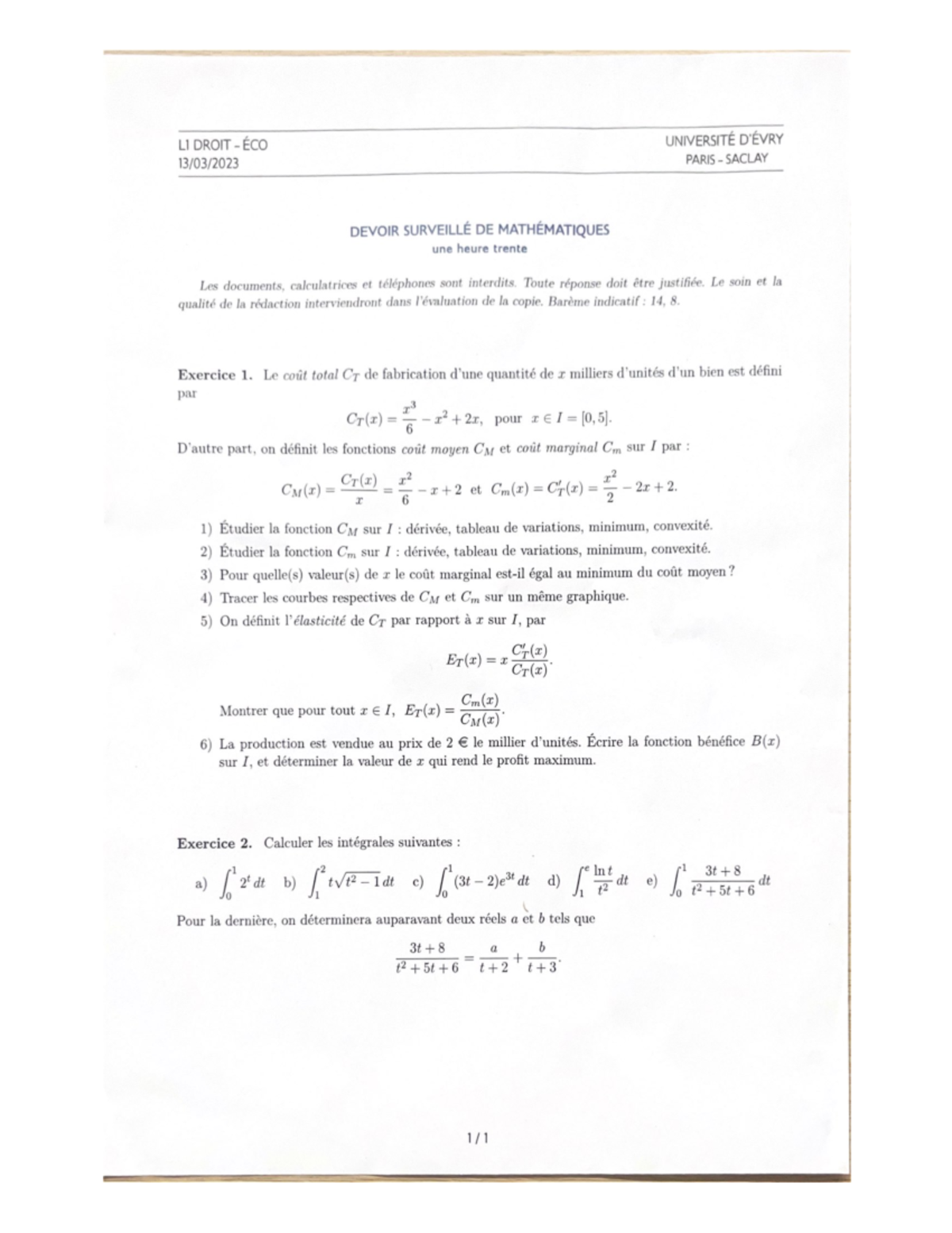 DS 13 mars 2023 MS2 - DST Mathématiques L1 ECO DROIT - Mathématique ...