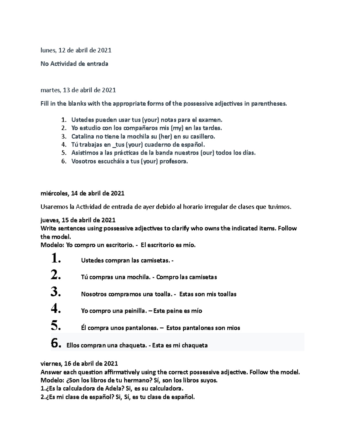 Spanish A12 - Classwork - lunes, 12 de abril de 2021 No Actividad de ...