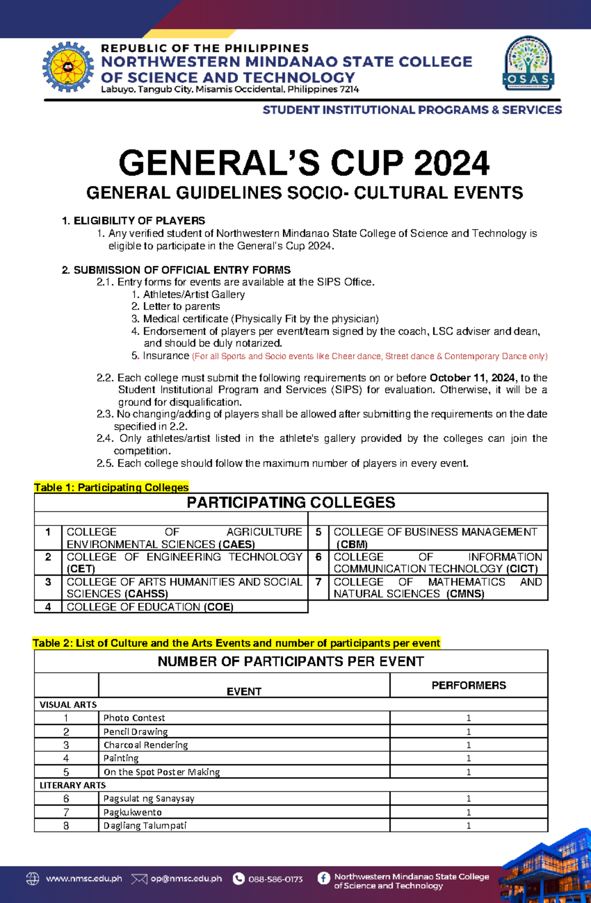 V - For intrams - Table 2 : List of Culture and the Arts Events and ...