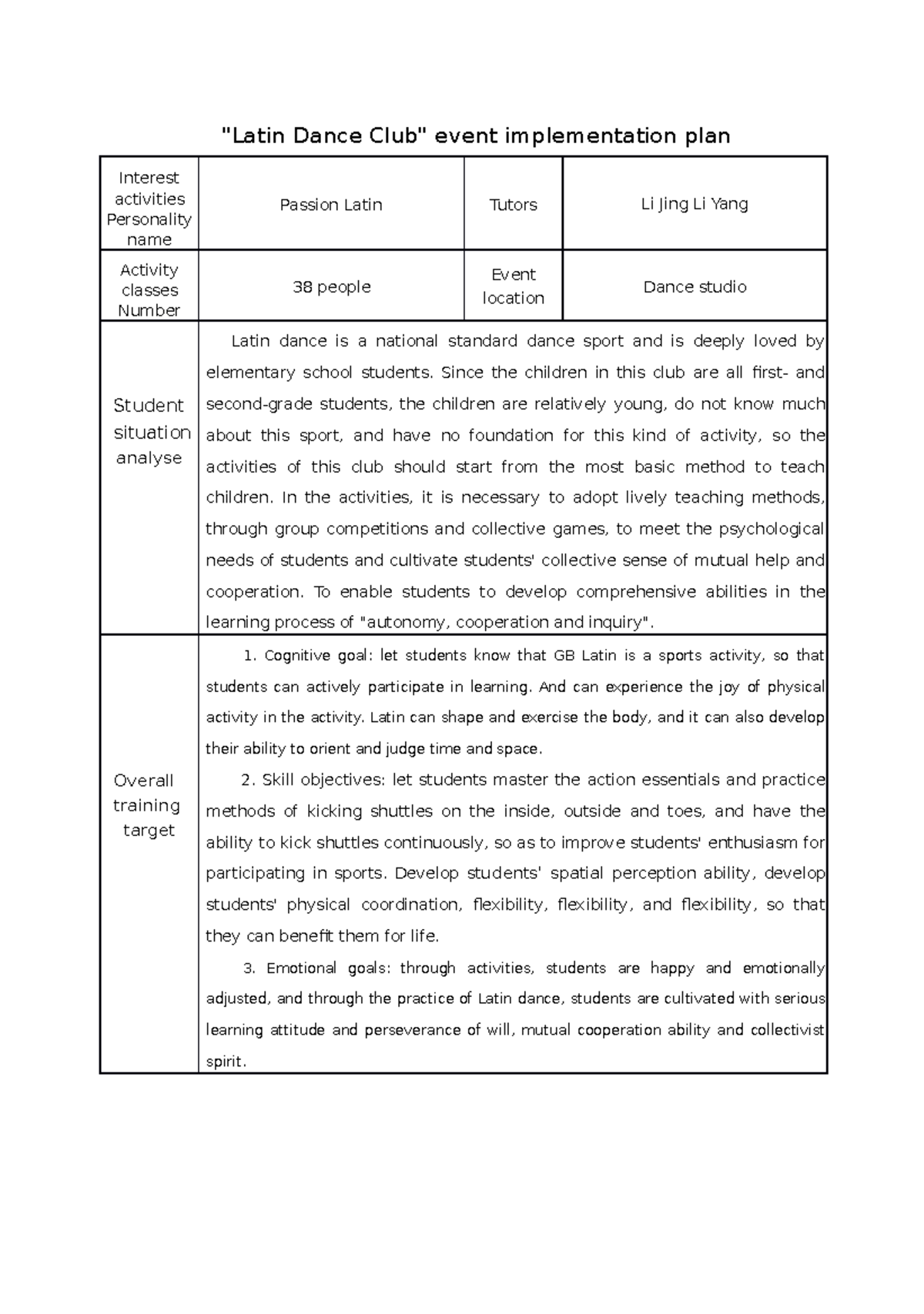 "Latin Dance Club" event implementation plan - "Latin Dance Club" event ...