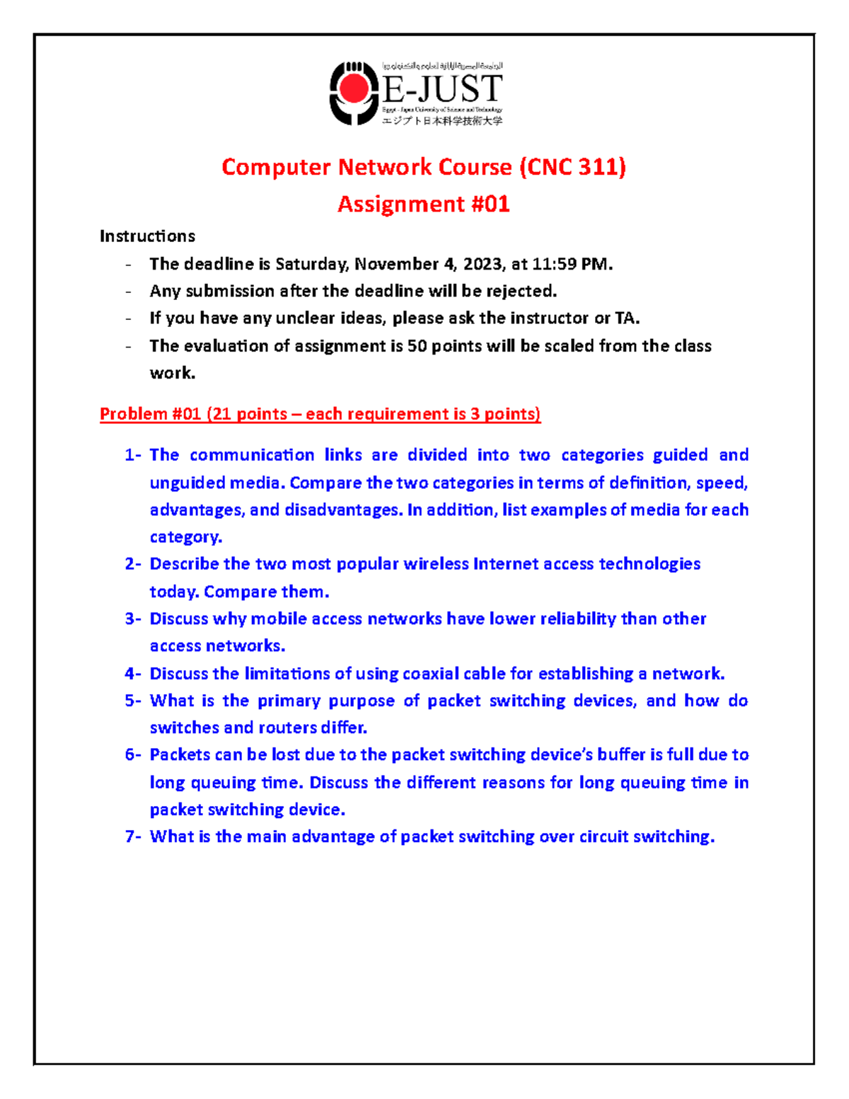 Assignment #01 - Computer Network Course (CNC 311) Assignment Instructions - The deadline is ...