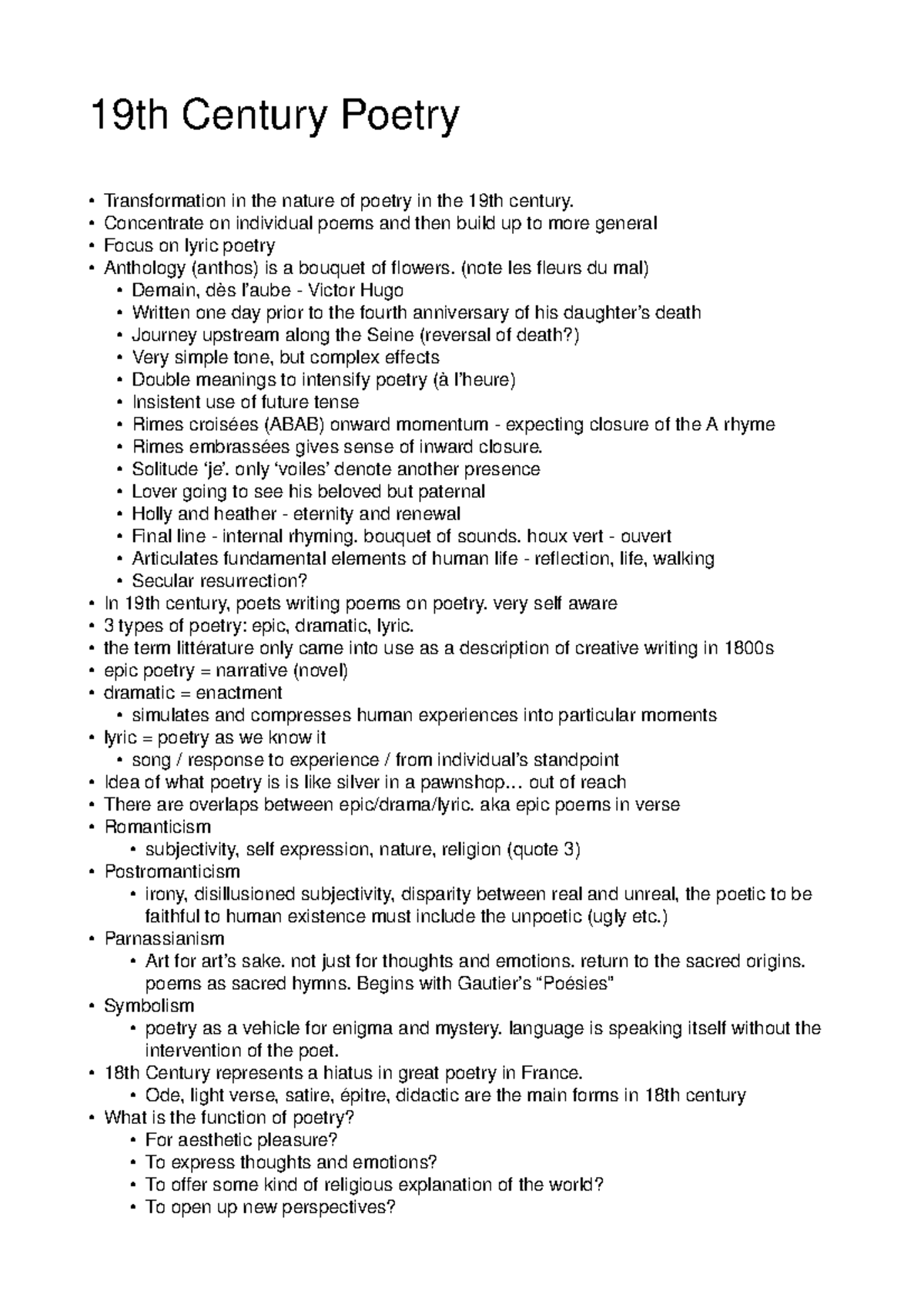 19th Century Poetry Lecture Notes - 19th Century Poetry