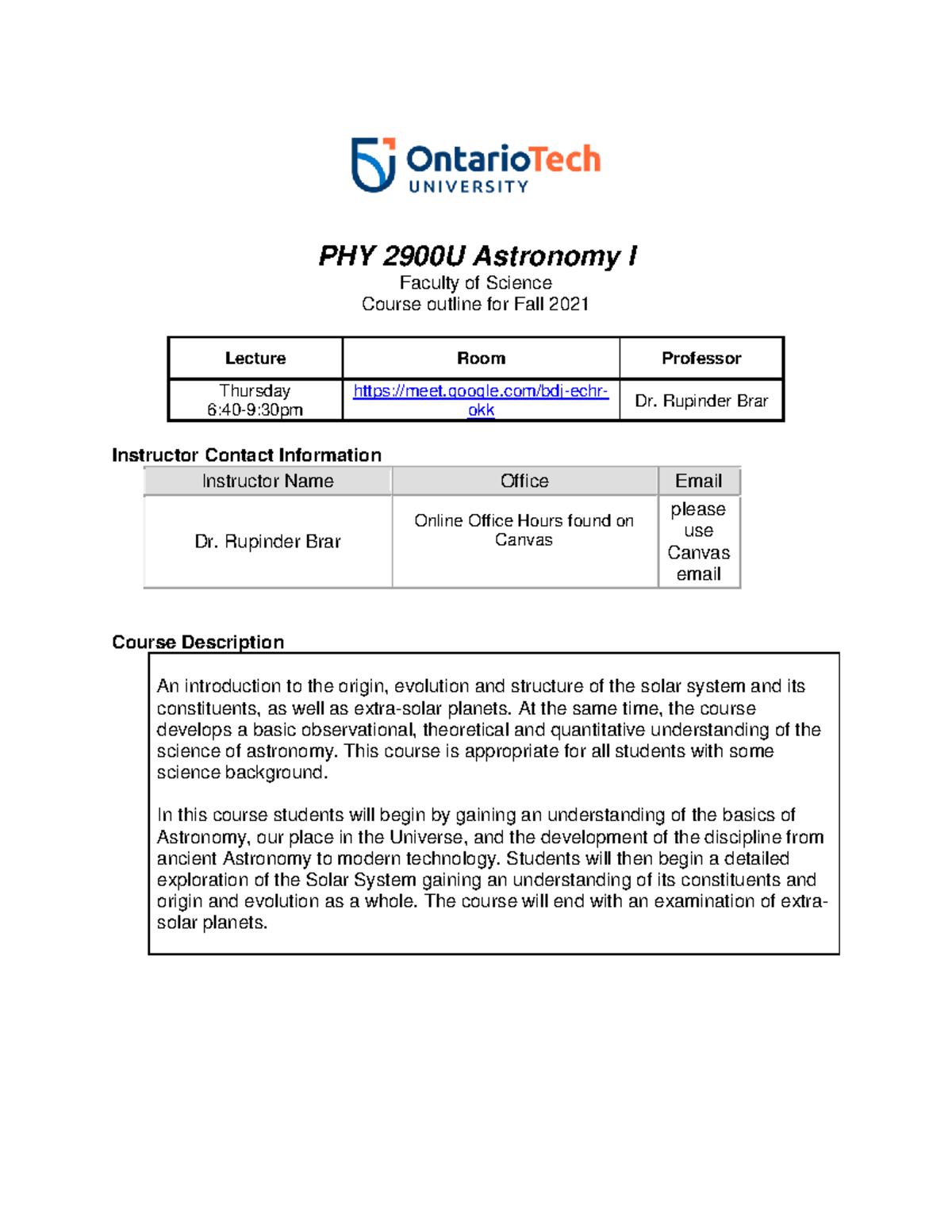 Syllabus PHY2900 Fall 21 - PHY 2900U Astronomy I Faculty of Science ...
