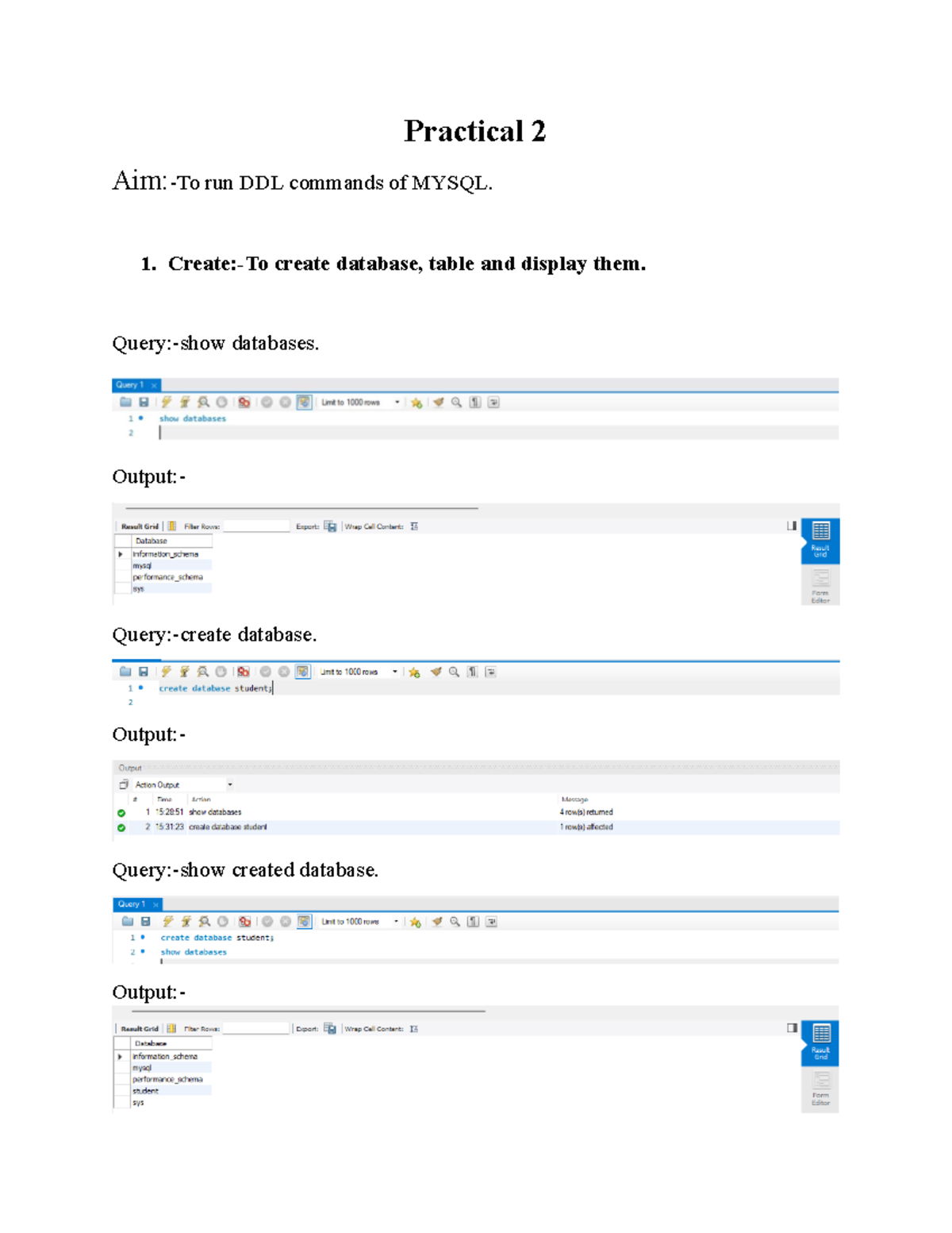 Practical 2 Dbms Practical 2 Aim To Run Ddl Commands Of Mysql Create To Create Database