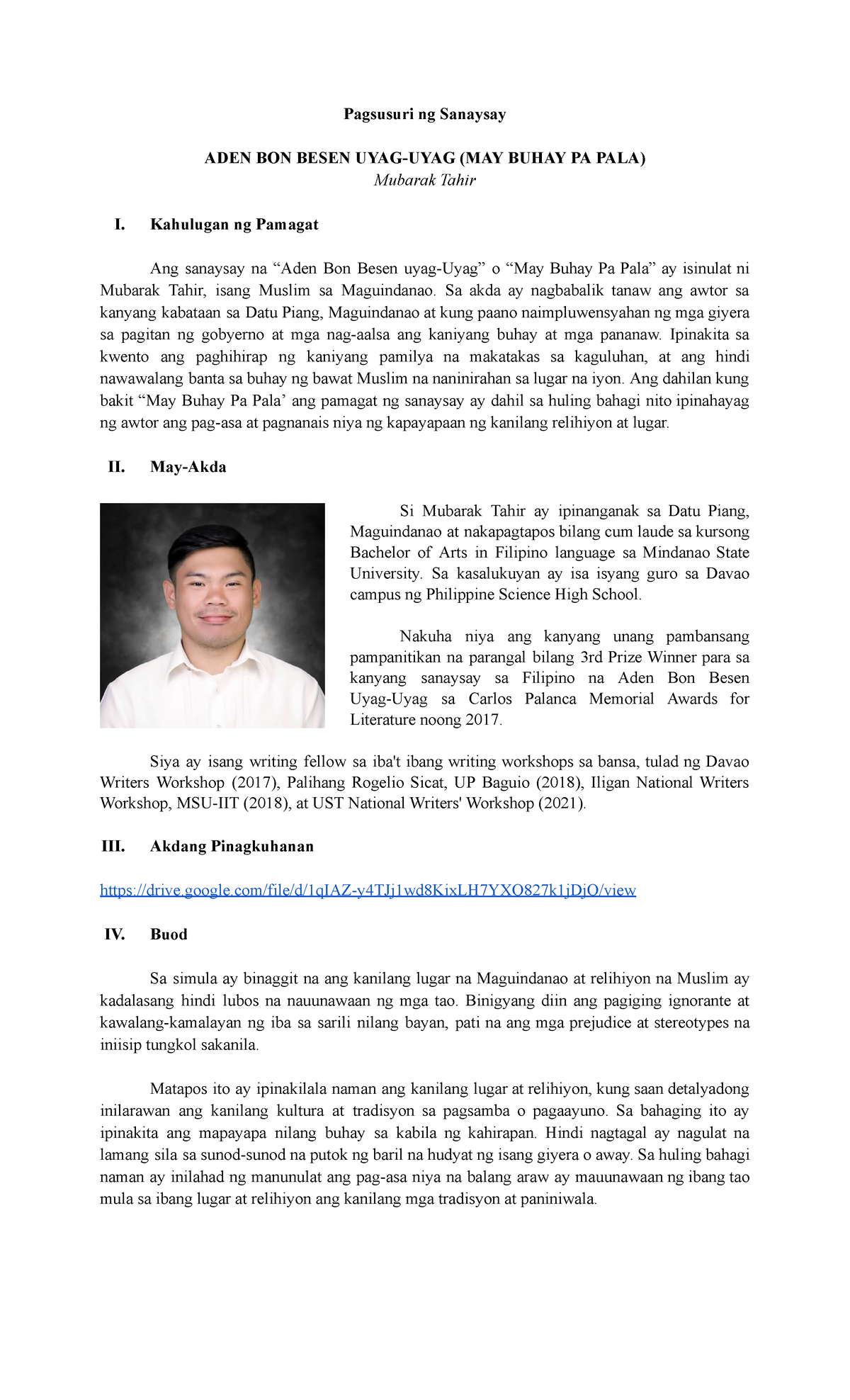 Pagsusuri ng Sanaysay - Pagsusuri ng Sanaysay ADEN BON BESEN UYAG-UYAG ...