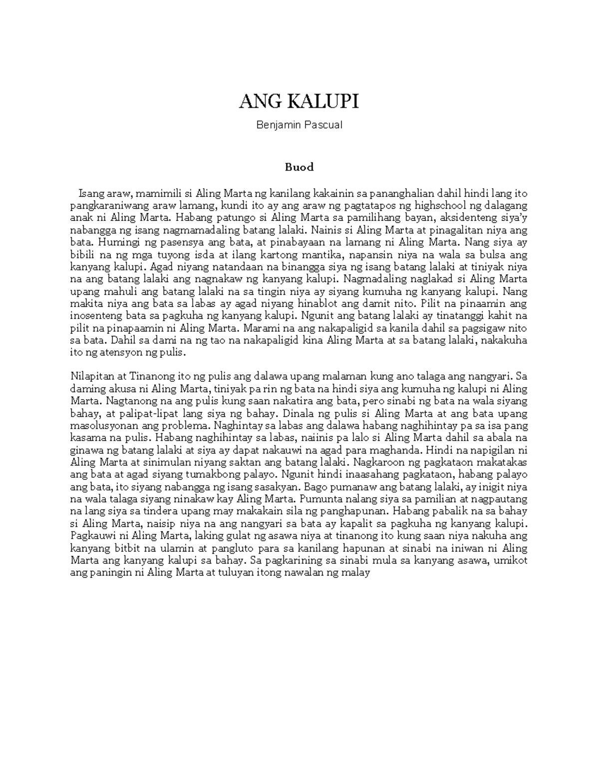 BUOD - Ang Kalupi - buod - ANG KALUPI Benjamin Pascual Buod Isang araw ...