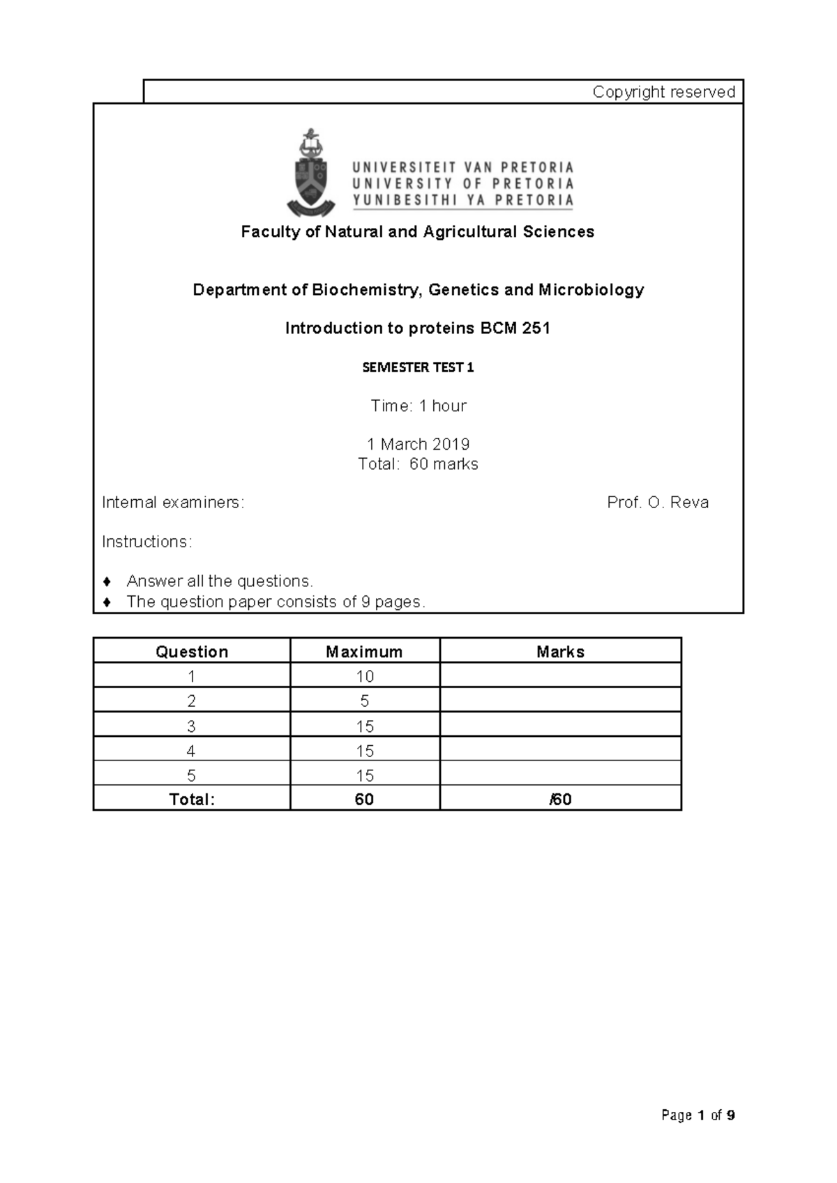 BCM 251 2019 Sem Test 1 - Copyright reserved Faculty of Natural and ...