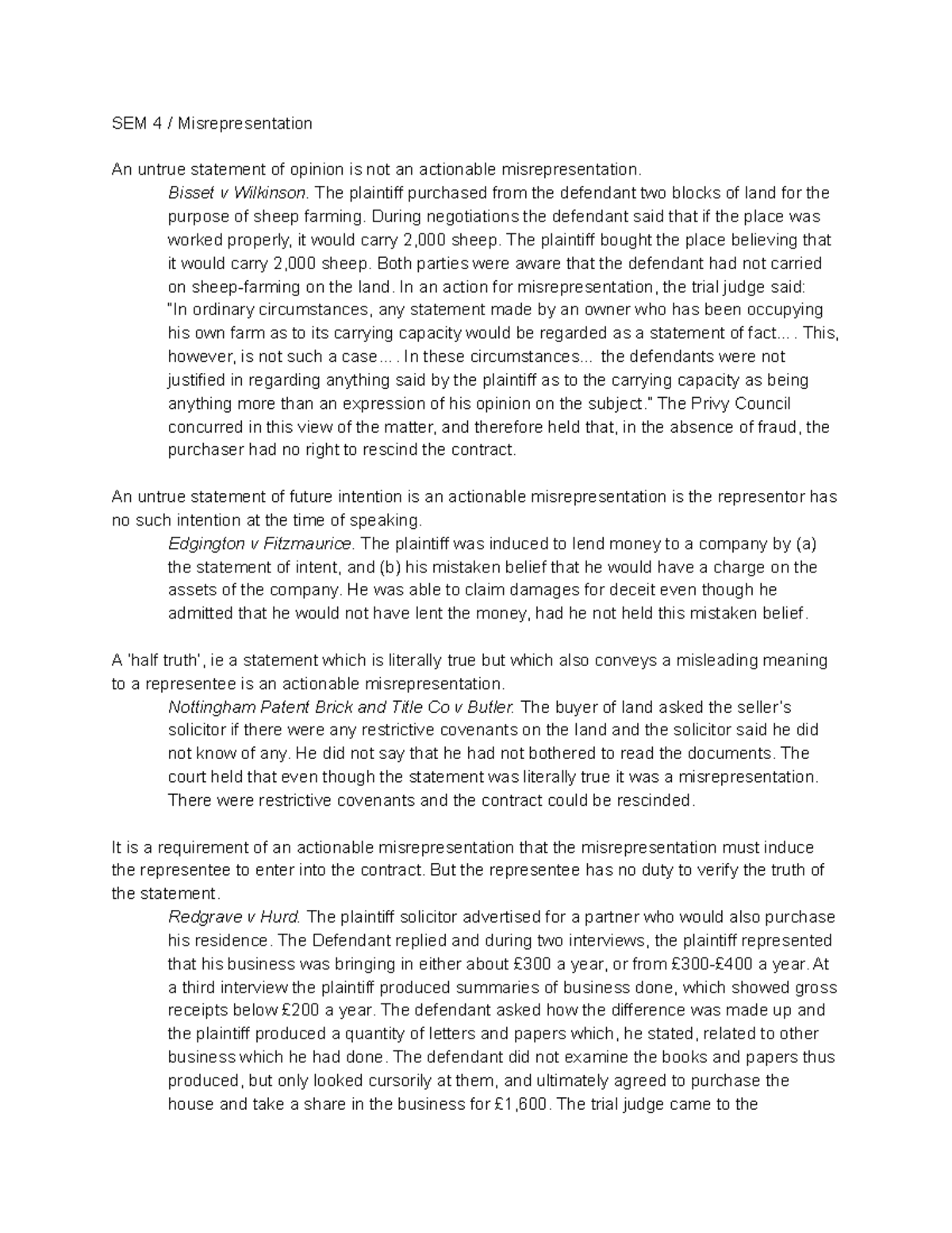 Misrepresentation - contract - SEM 4 / Misrepresentation An untrue ...