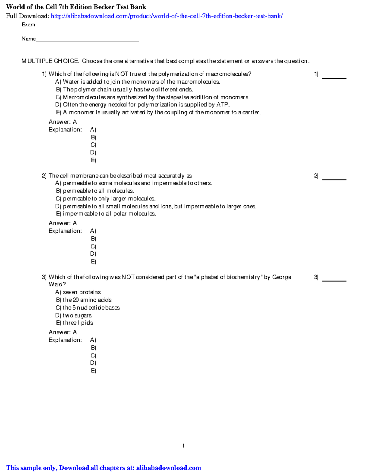 World of the cell 7th edition becker test bank 190413031844 - Exam ...