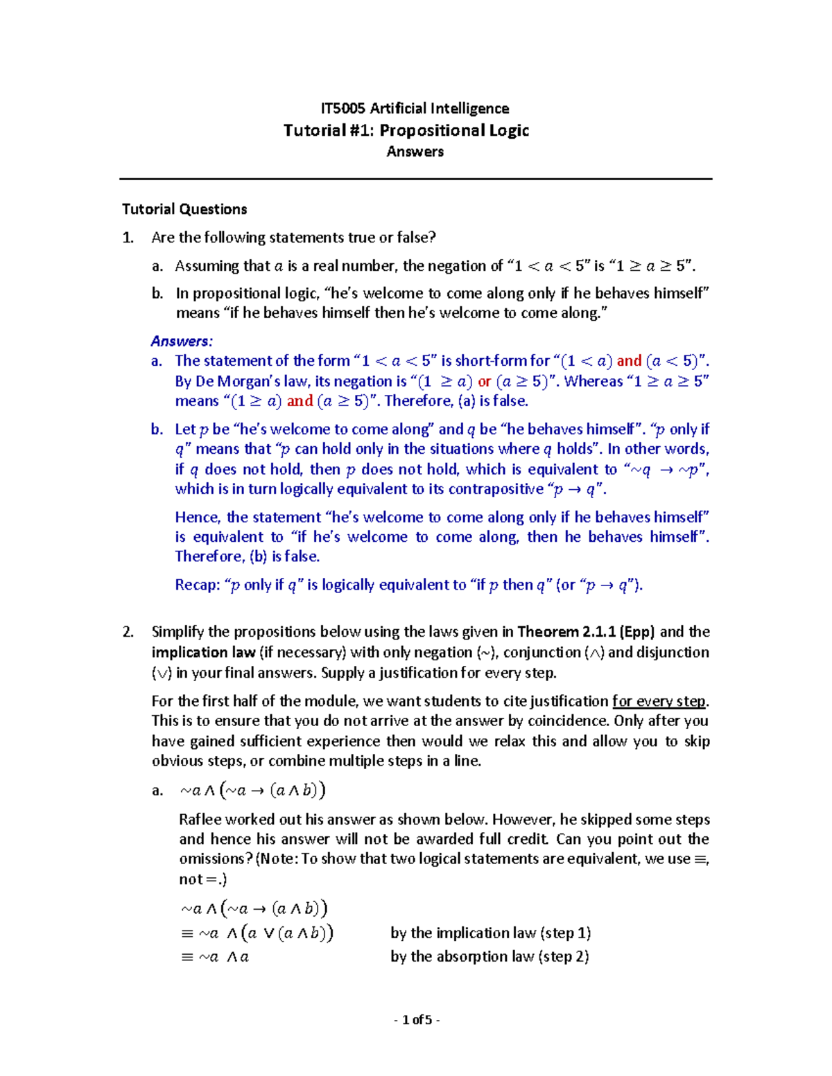 Tut01ans - Qns with answers - IT5005 Artificial Intelligence Tutorial #1: Propositional Logic ...