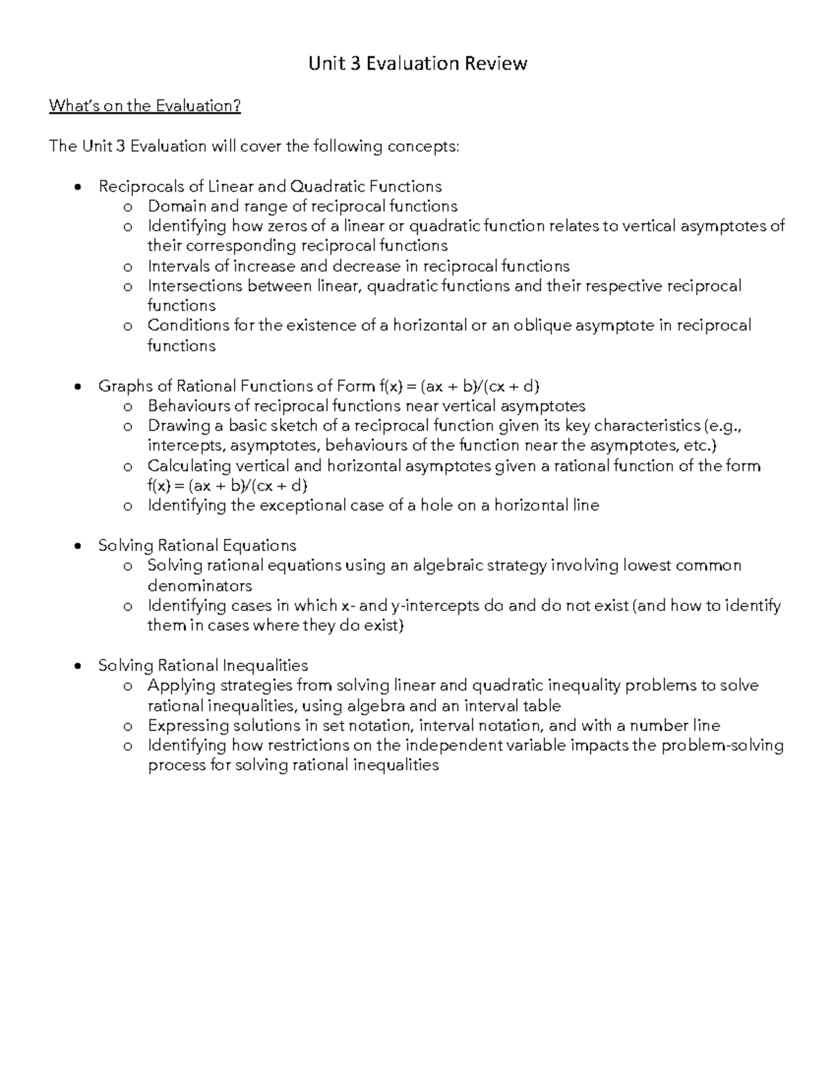Unit 3 Evaluation Review - Unit 3 Evaluation Review What’s on the ...