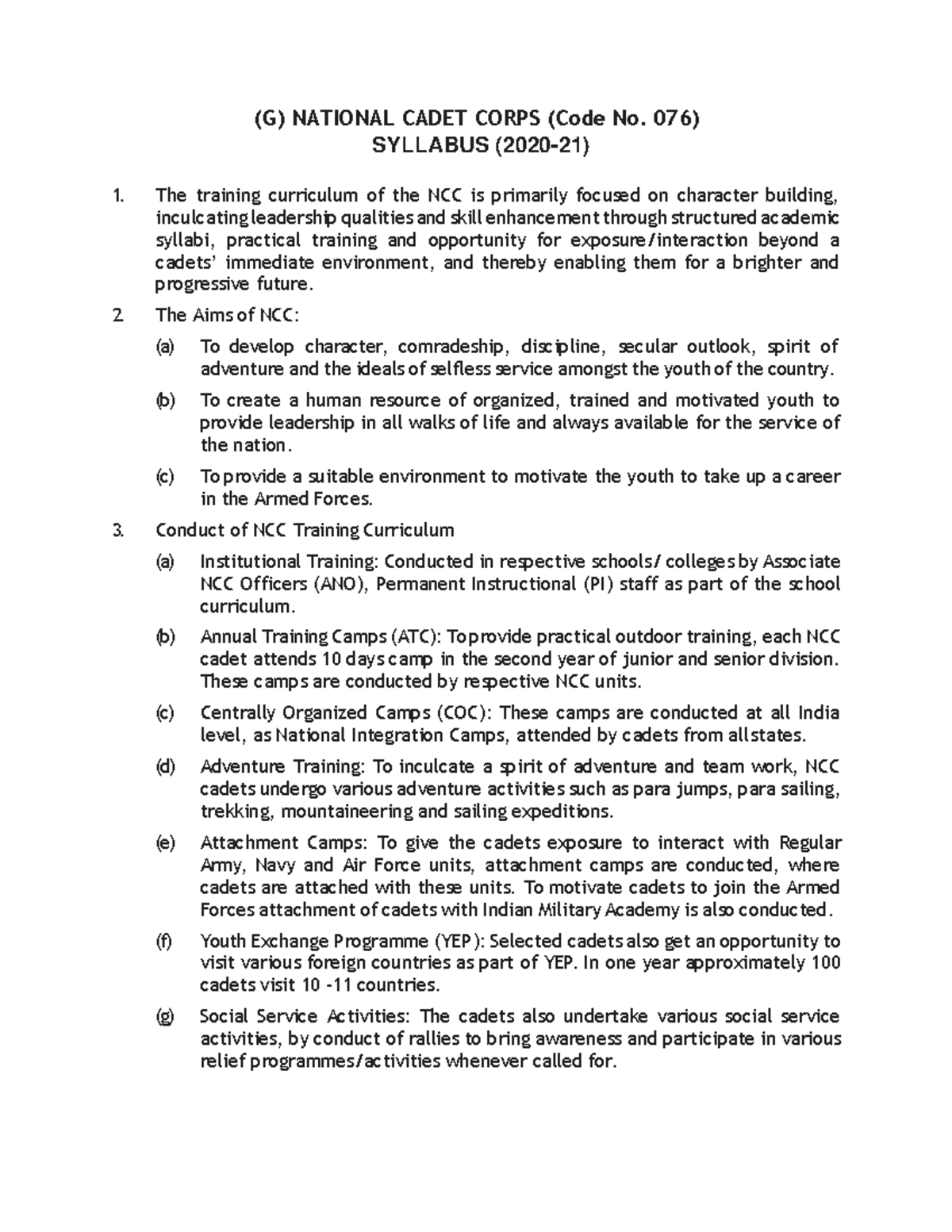 NCC Sec 2020-21 - (G) NATIONAL CADET CORPS (Code No. 076) The training ...