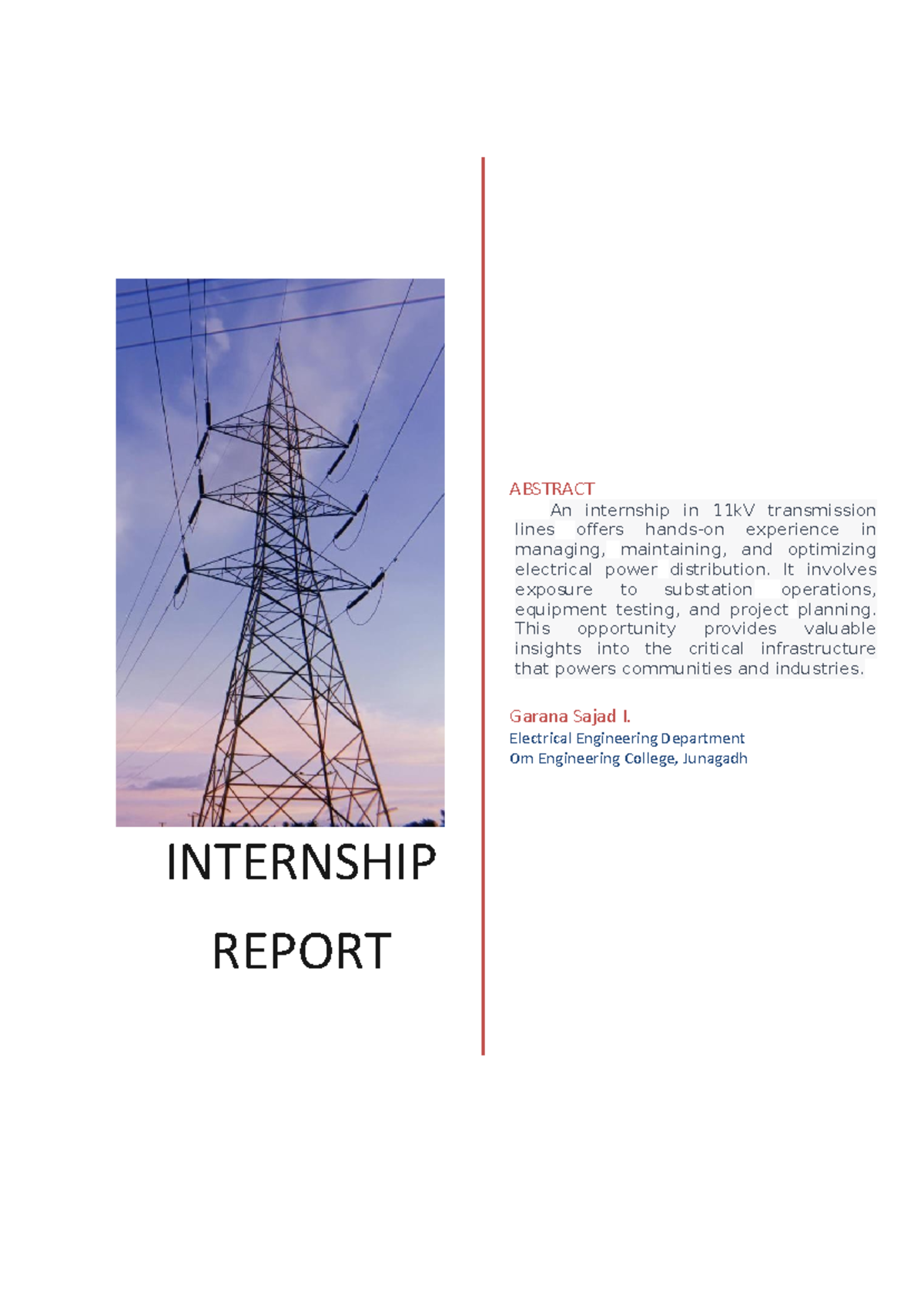Jameun - jamen - INTERNSHIP REPORT ABSTRACT An internship in 11kV ...