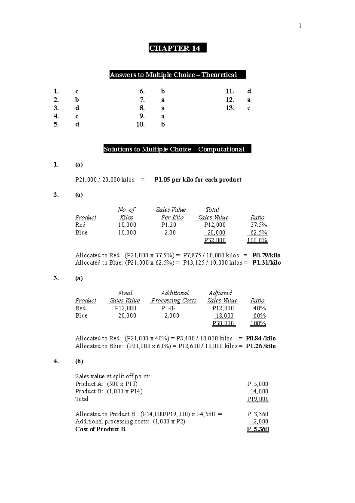 Cost Acc Chapter 14 Chapter 14 Answers To Multiple Choice Theoretical 1 C 6 B 11 D 2 B 7